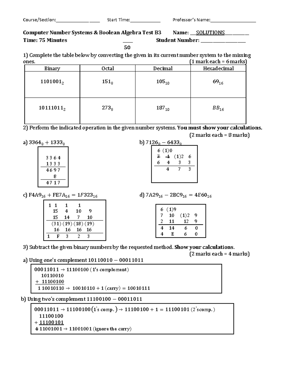Computer Number Systems and Boolean Algebra Test B3 Solutions - Course ...
