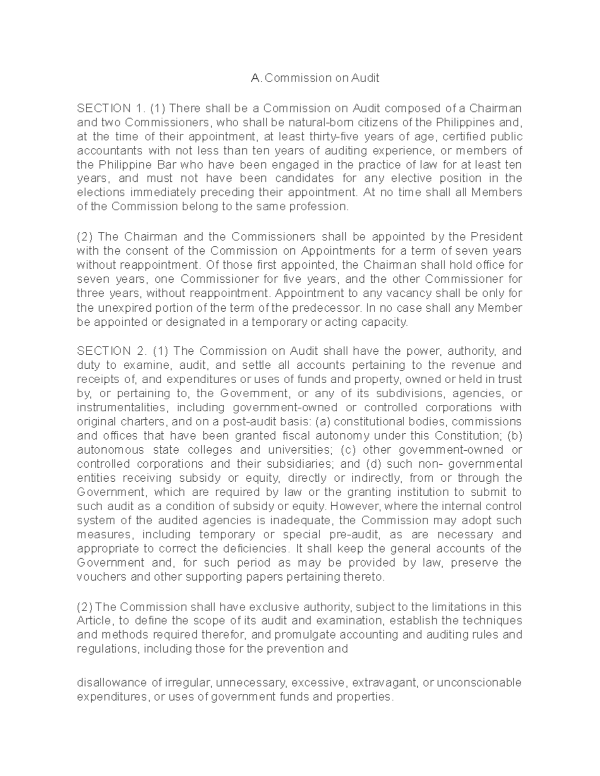 Commission on Audit - A. Commission on Audit SECTION 1. (1) There shall ...
