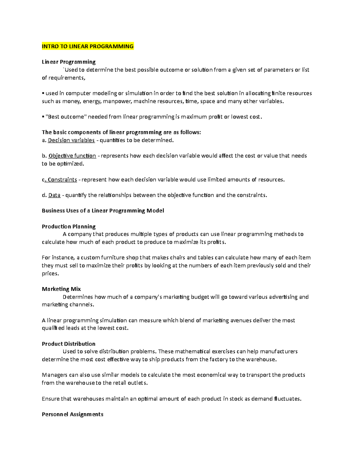 Intro To Linear Programming Intro To Linear Programming Linear Programming `used To Determine