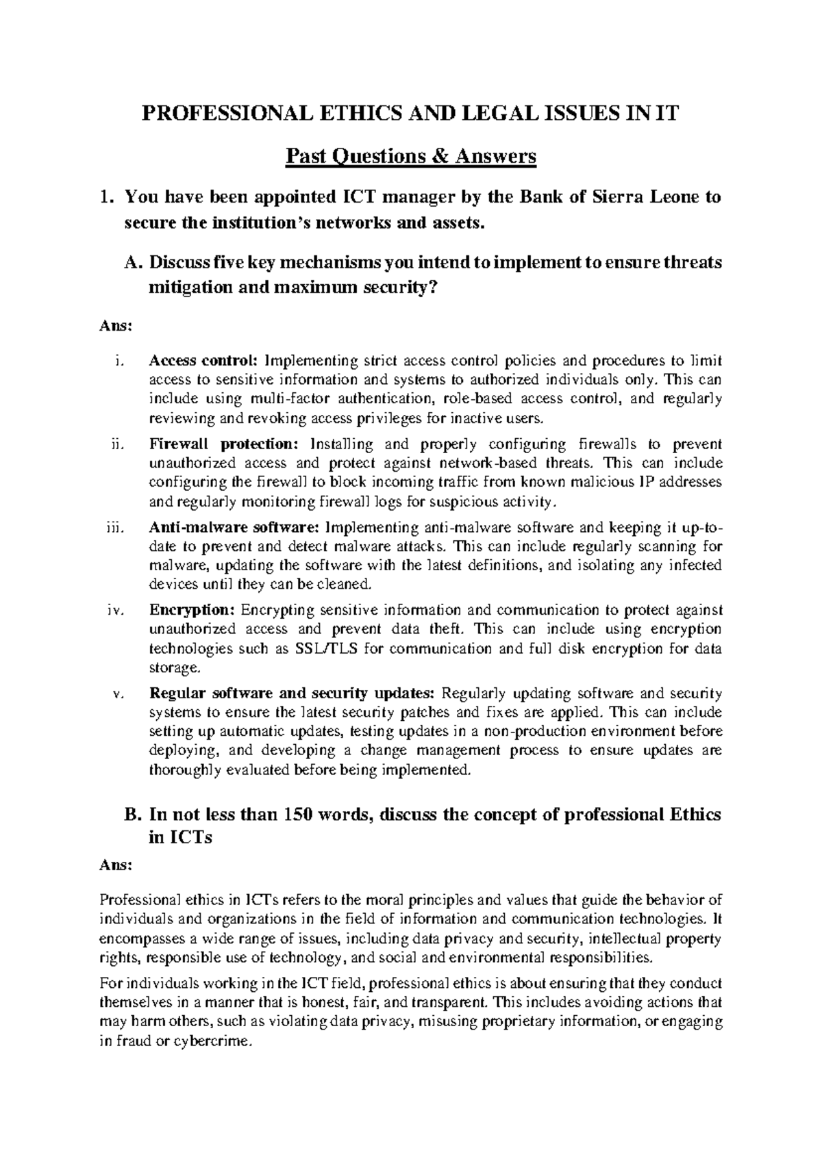 Ethics-Questions and Answers 070027 - PROFESSIONAL ETHICS AND LEGAL ...