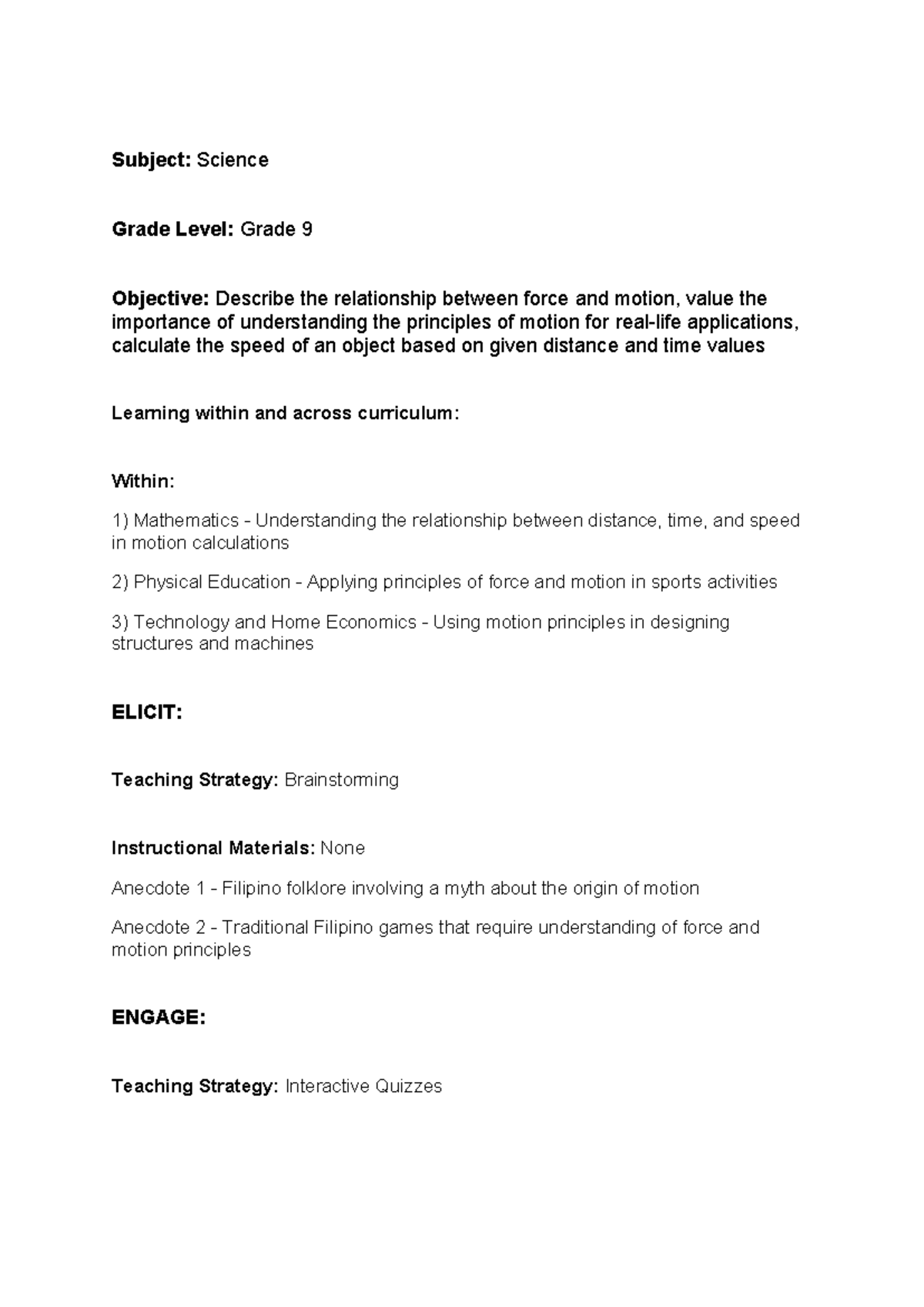 Lesson plan - SCIENCE 9 - Subject: Science Grade Level: Grade 9 ...