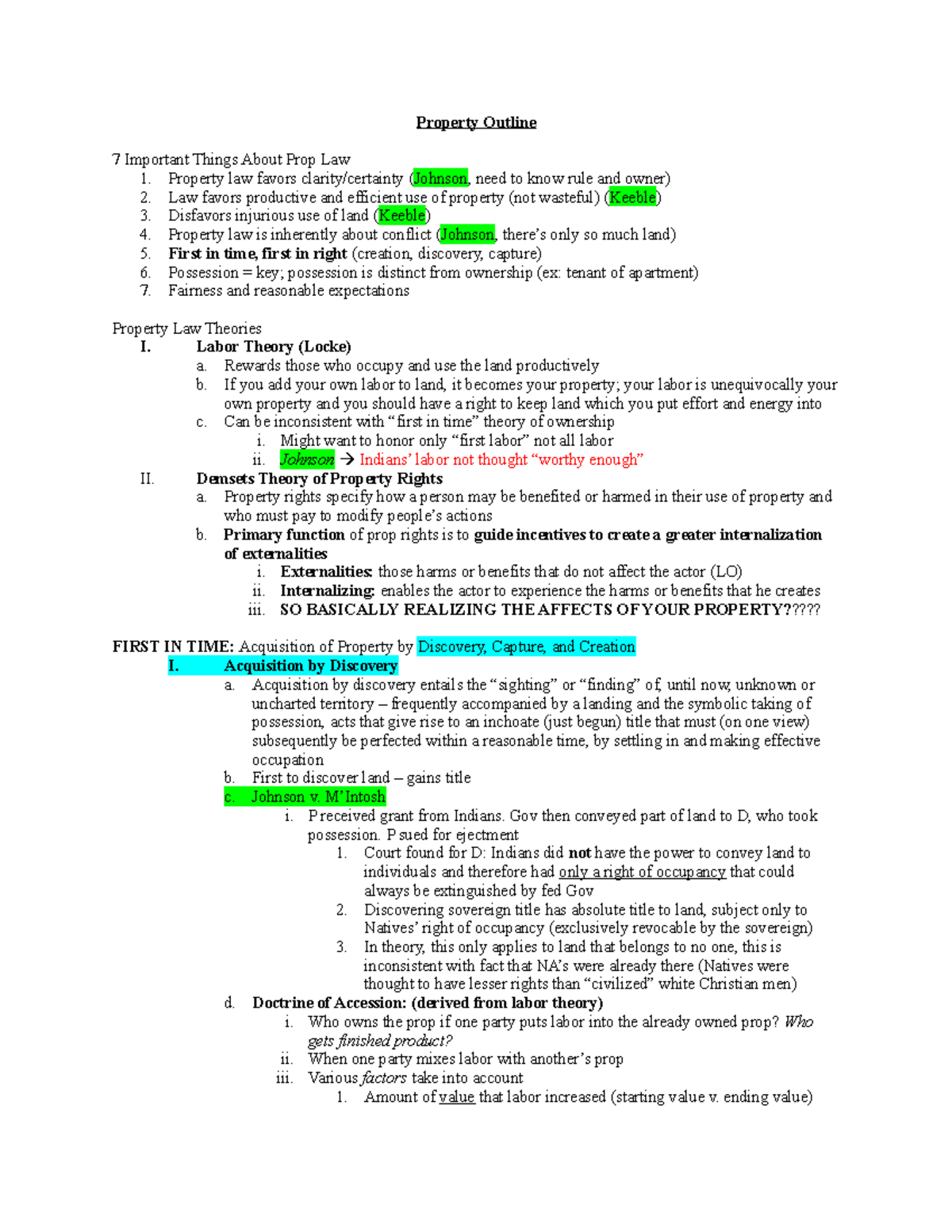 Property Outline - Property law favors clarity/certainty (Johnson, need ...