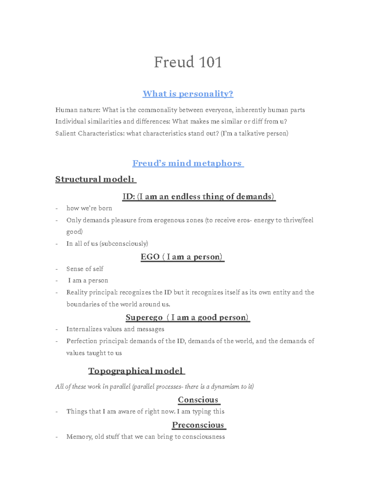 1. Frued - Lecture notes (1a,b,c,d) - Freud 101 What is personality ...