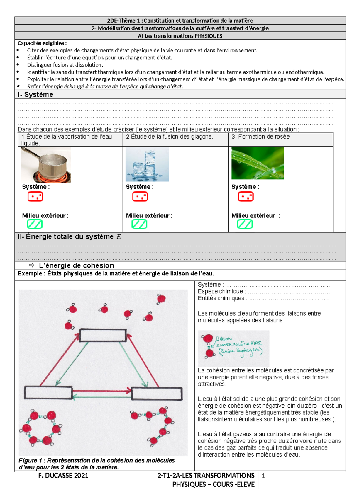 2 T1 2A Transfo Physique Eleve cours - 2DE-Thème 1 : Constitution et transformation de la ...