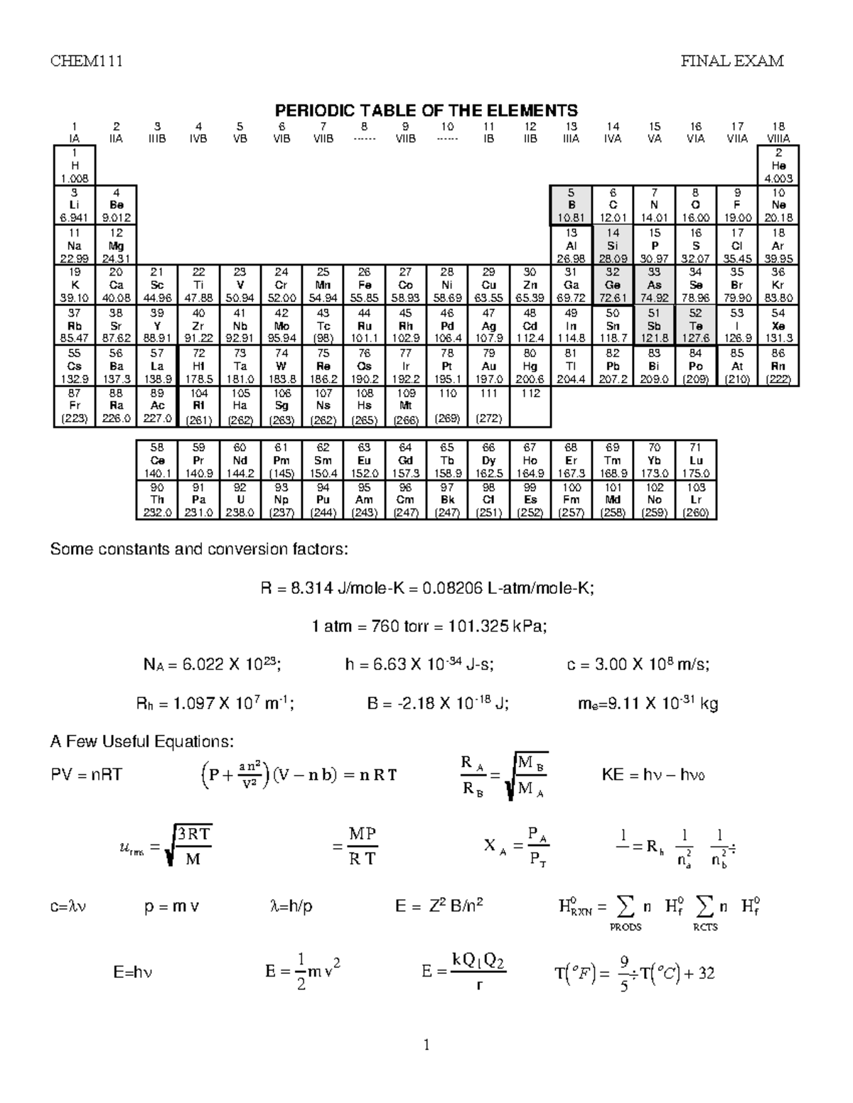 Fall 2020 Final Exam v1 - PERIODIC TABLE OF THE ELEMENTS 1 IA 2 IIA 3 ...