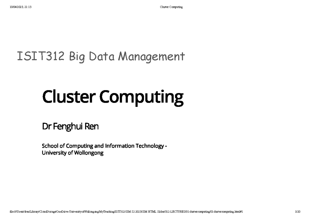 01clustercomputing Cluster Computing Isit312 Big Data Management Cluster Computing Dr 