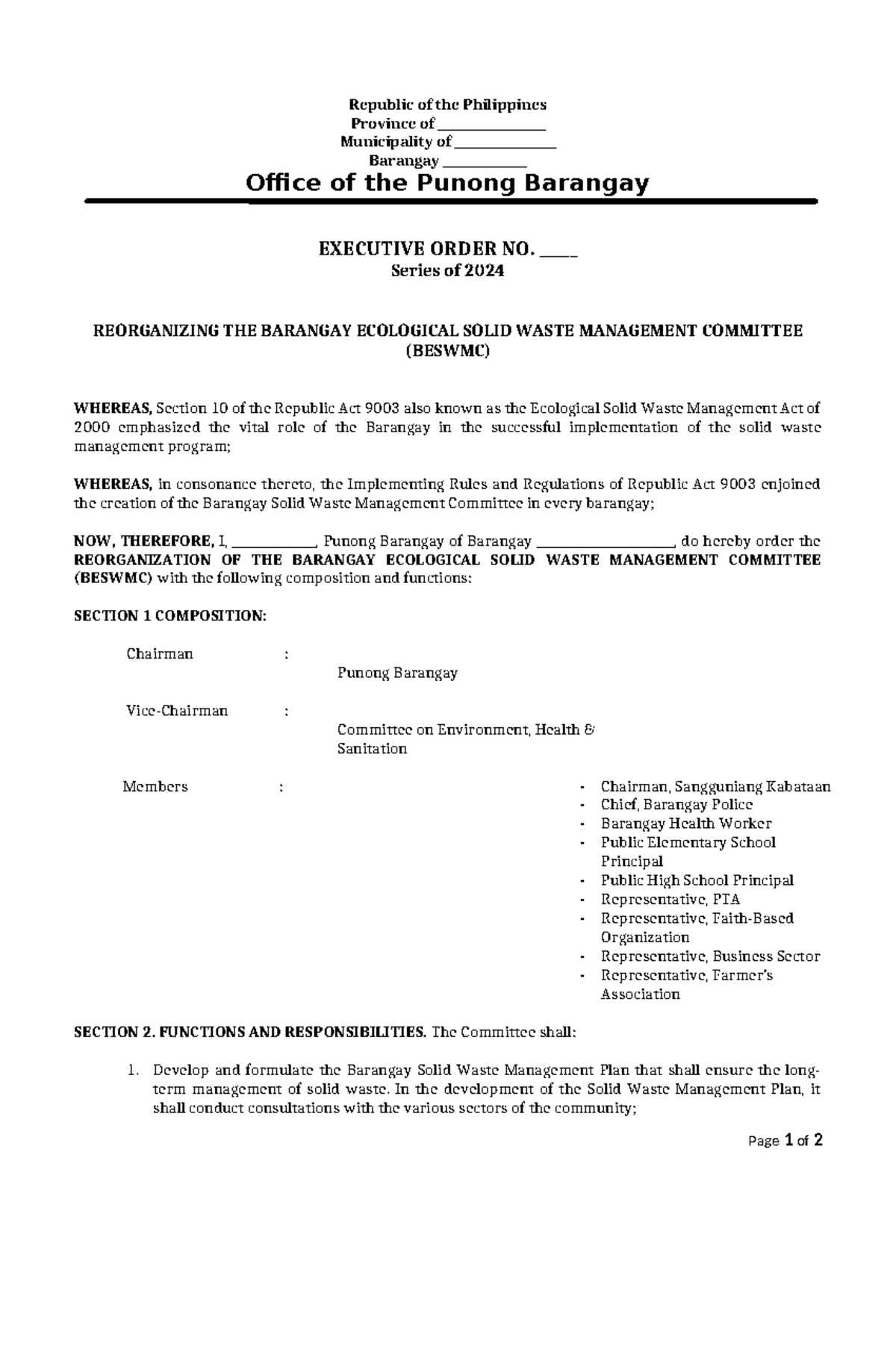 Executive Order Beswmc 1 - Republic of the Philippines Province of ...