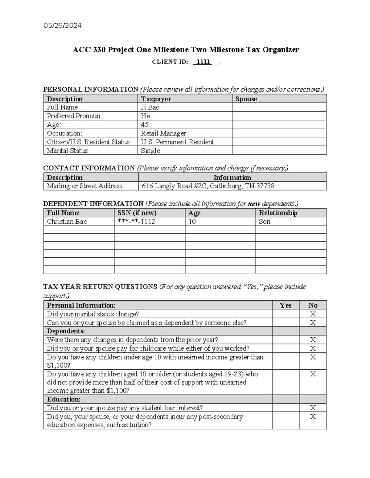 Module 4 Assignment: Project One Milestone Two: Tax Organizer - ACC 330 Project One Milestone ...