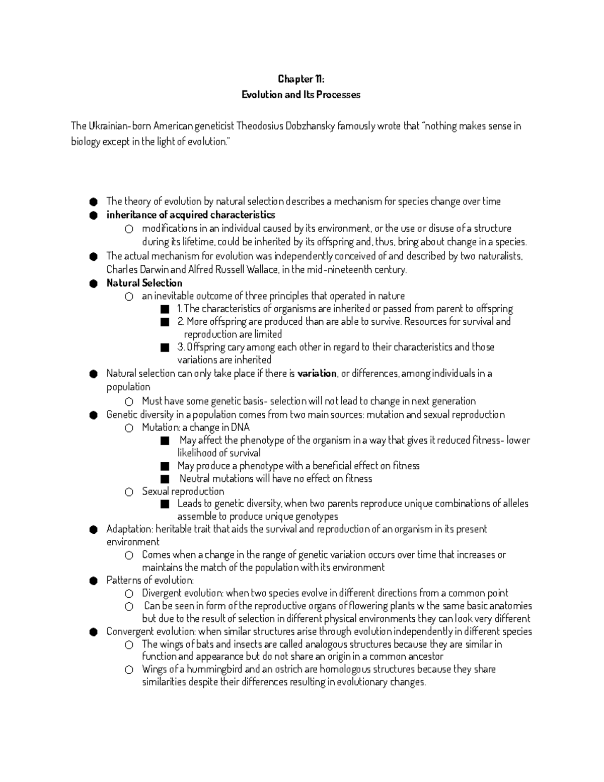 Bio Evolution + Its Processes (Ch 11)-part 1 - Chapter 11: Evolution and Its Processes The - Studocu