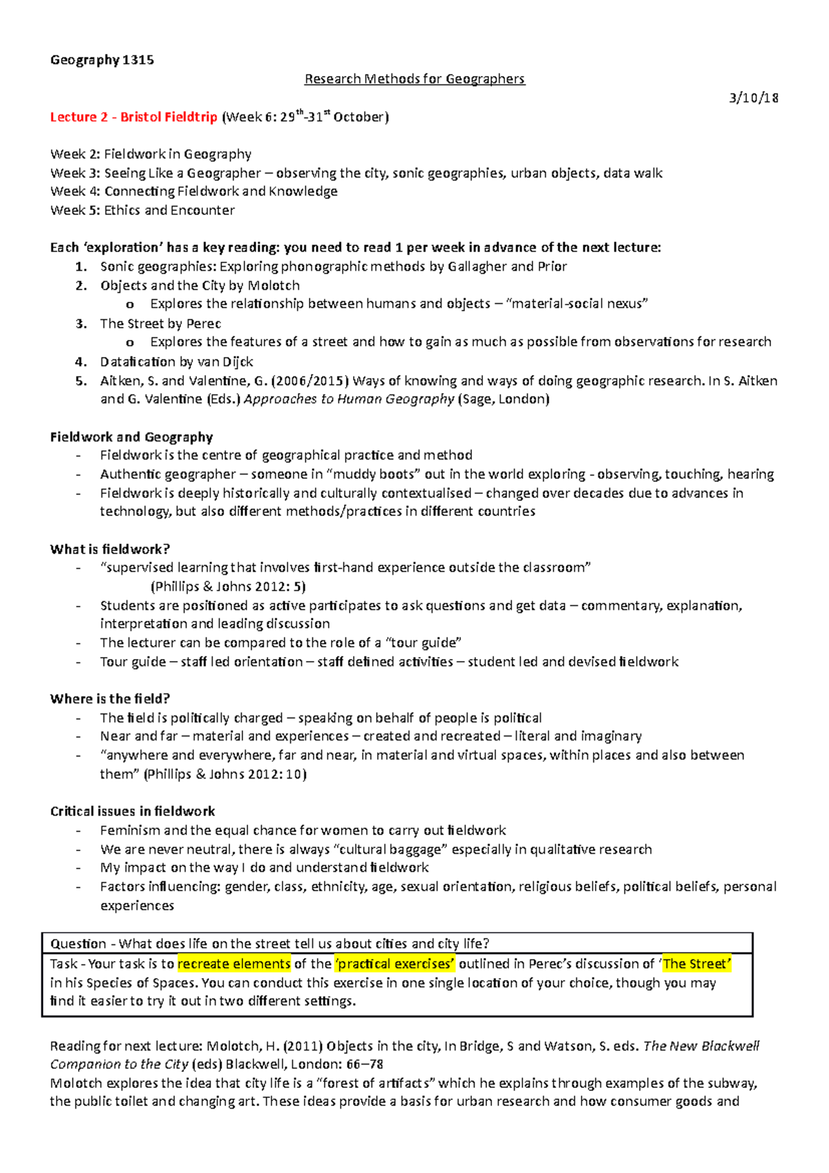 GEO1315 Fieldwork lecture notes (week 1-6) - Geography 1315 Research ...