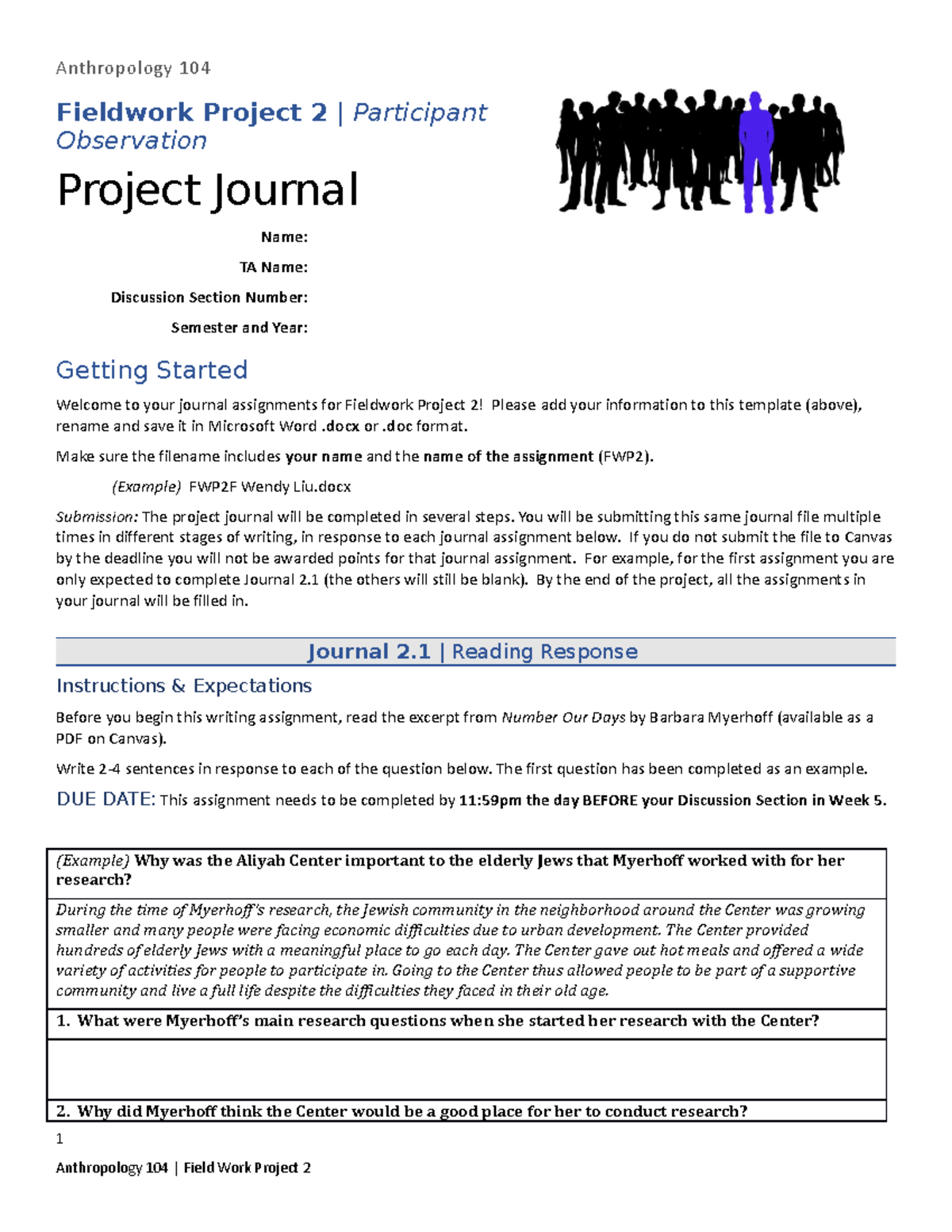 FWP2 Project Journal Template-1 - Anthropology 104 Fieldwork Project 2 ...