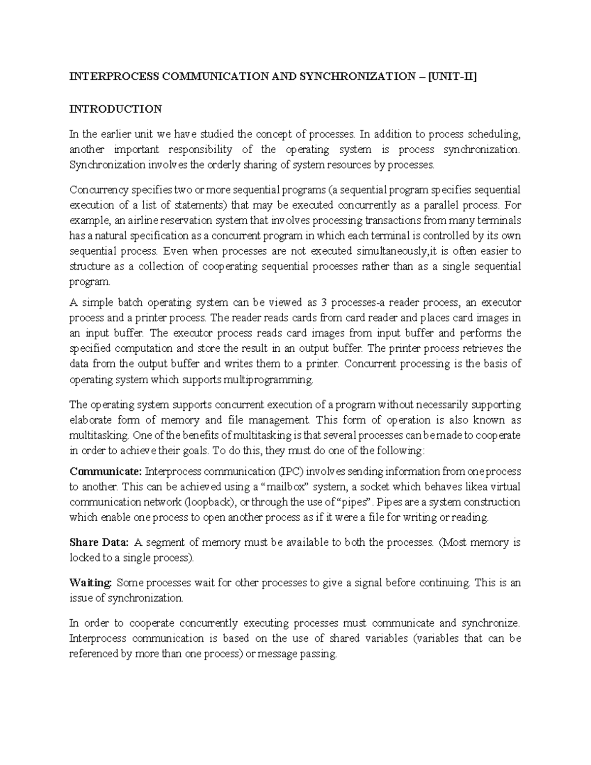 Interprocess Communication AND Synchronization – UNIT-II - INTERPROCESS ...