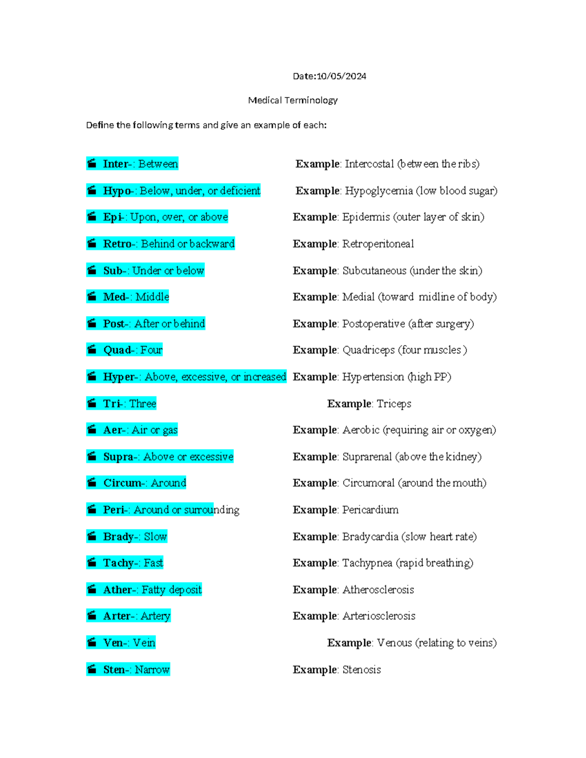 Medical terminology - Date:10/05/ Medical Terminology Define the ...