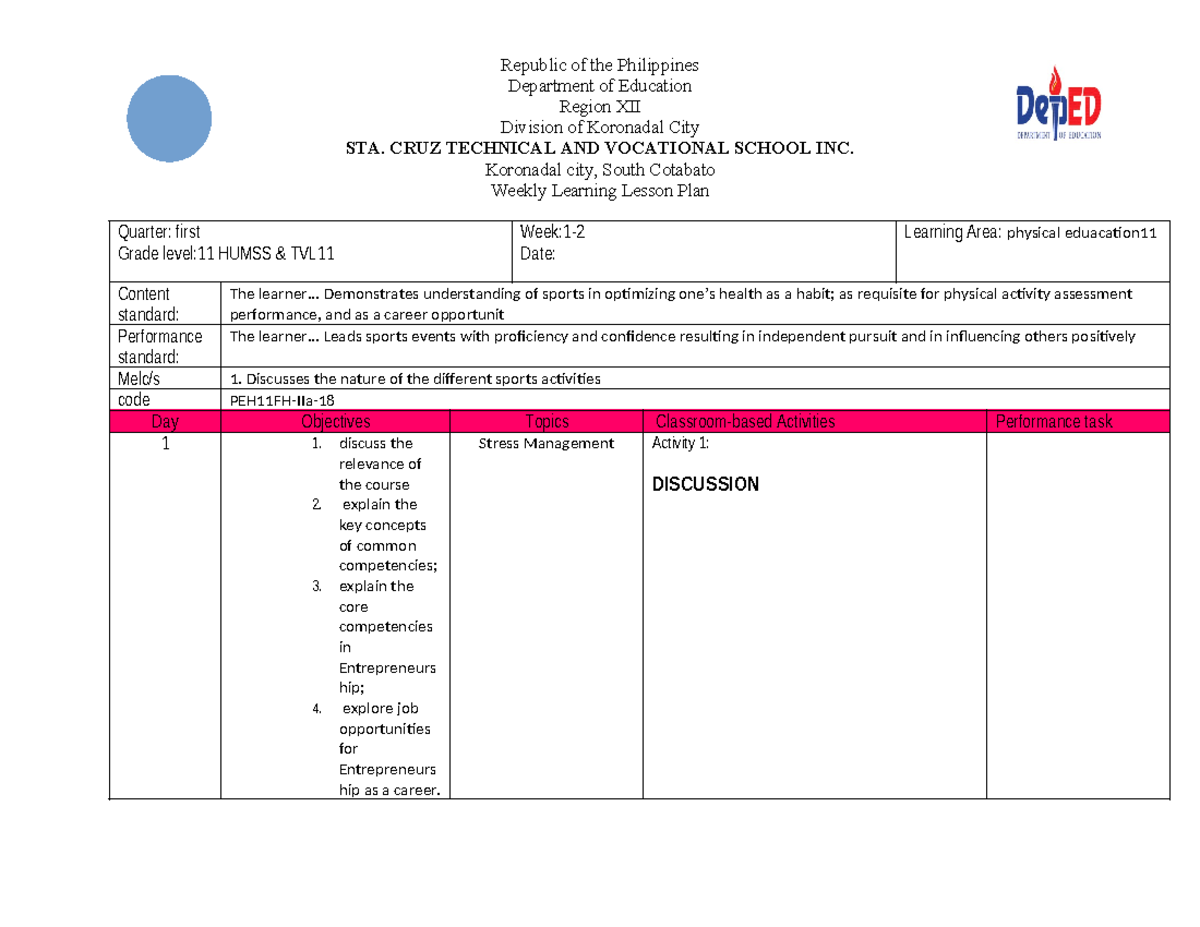 Lesson PLAN IN HOPE 2 - TUTORIAL WORK - Department of Education Region ...