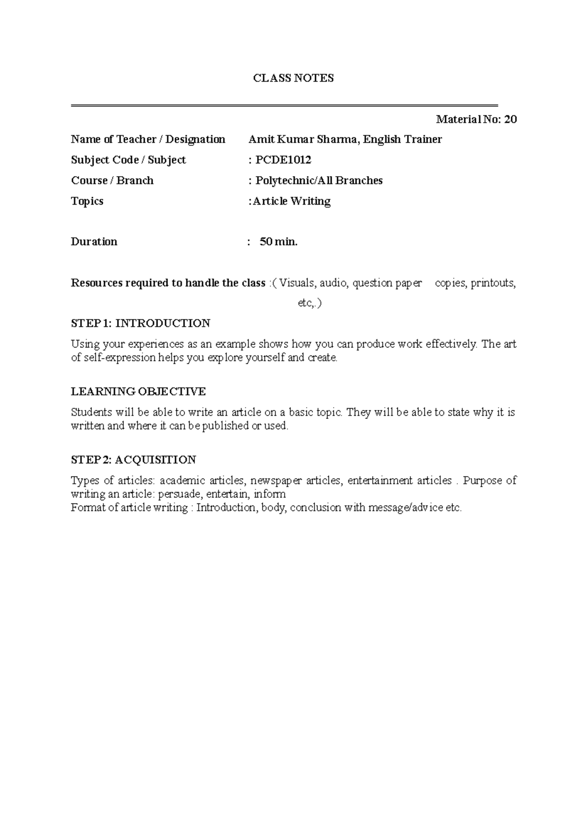 Notes LP 20 - Article Writing - CLASS NOTES Material No: 20 Name of ...