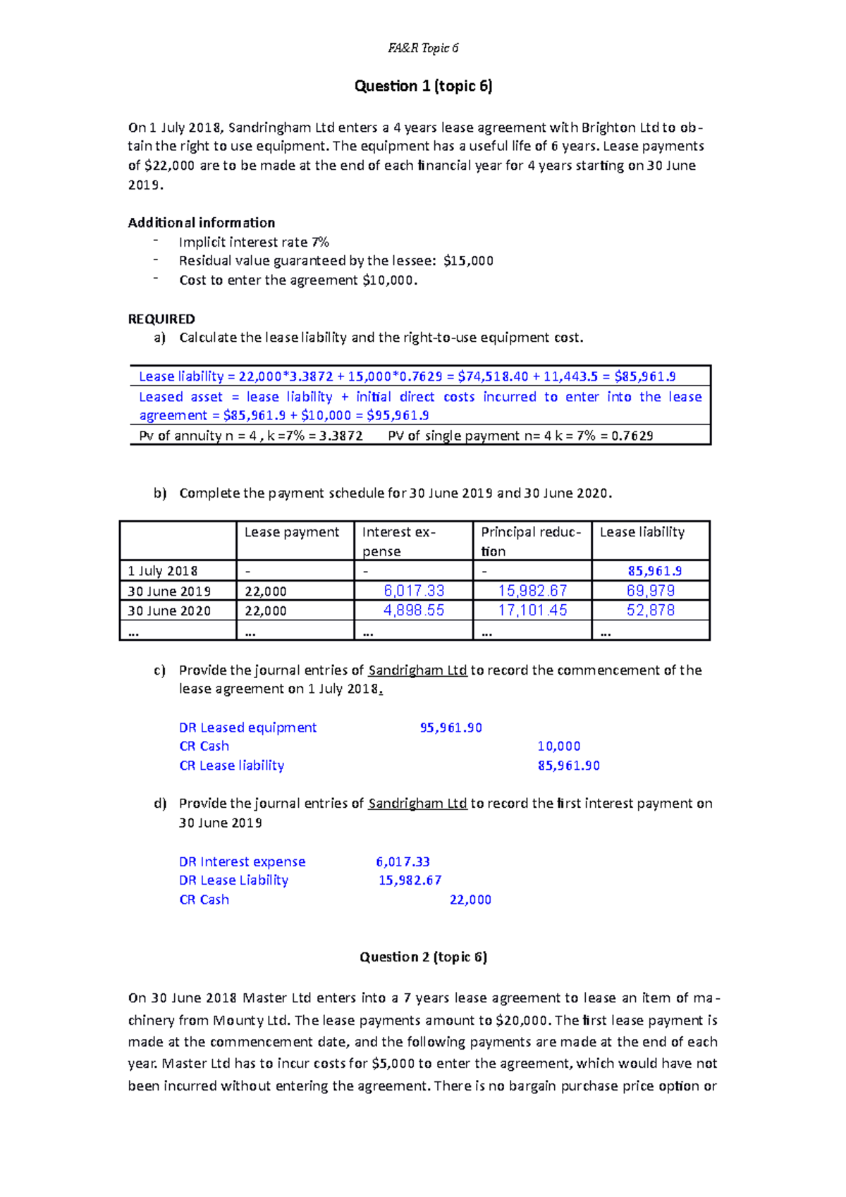 Topic 6 Tutorial solutions-2 - FA&R Topic 6 Question 1 (topic 6) On 1 ...