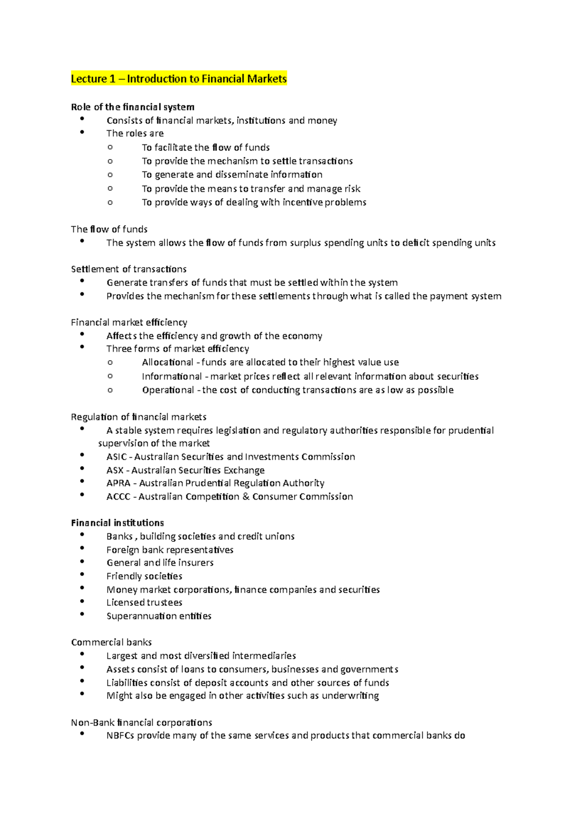 Mid Sem Exam Notes - Lecture 1 – Introduction to Financial Markets Role ...