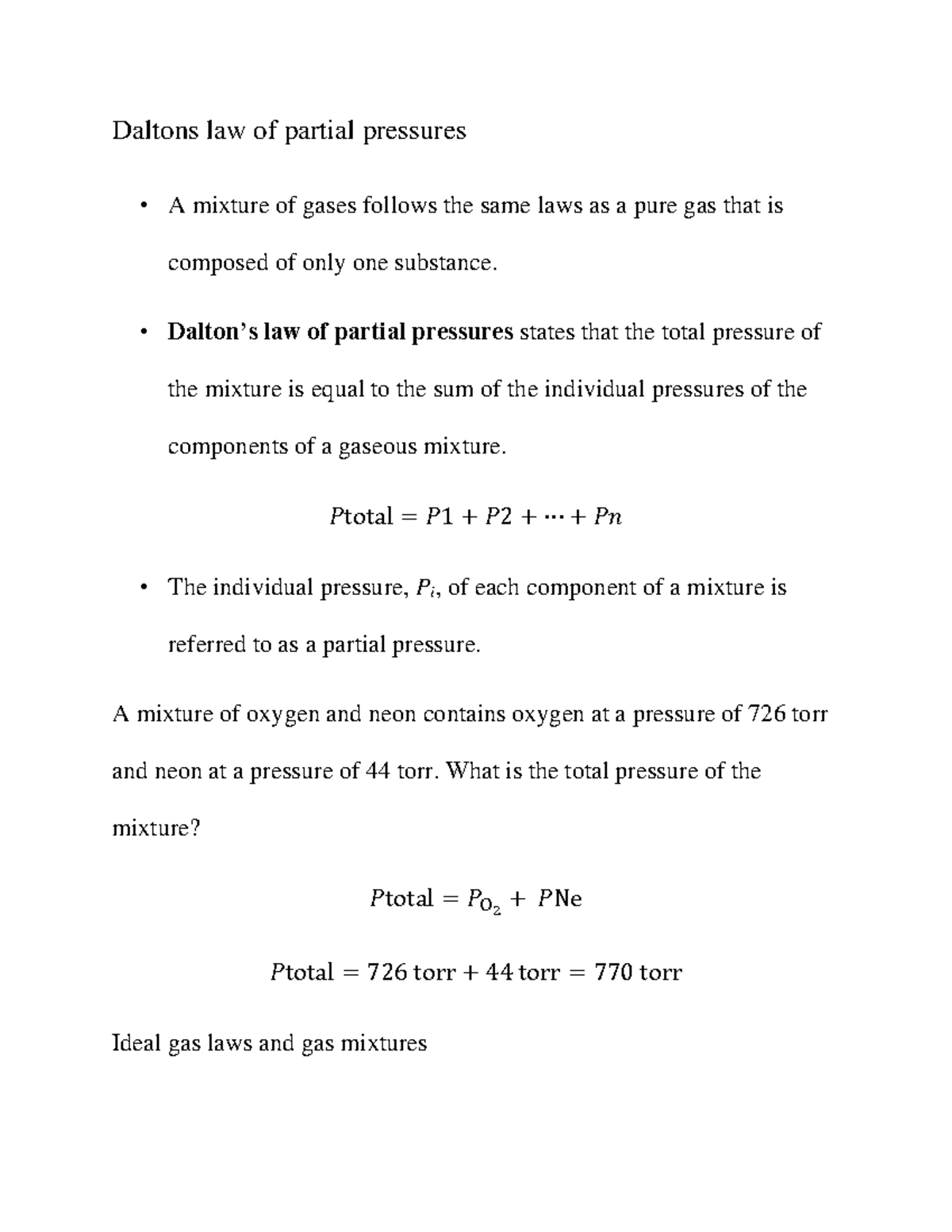 Daltons law of partial pressures - Dalton’s law of partial pressures ...