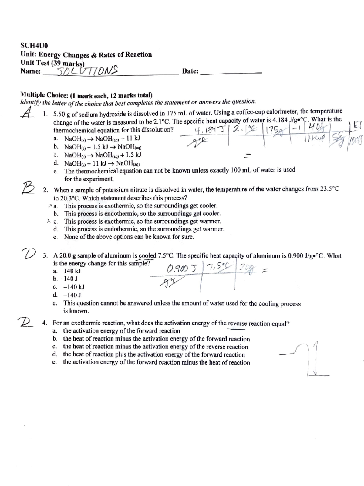 Energetics Kinetics Unit Test Spring 2023 - Studocu
