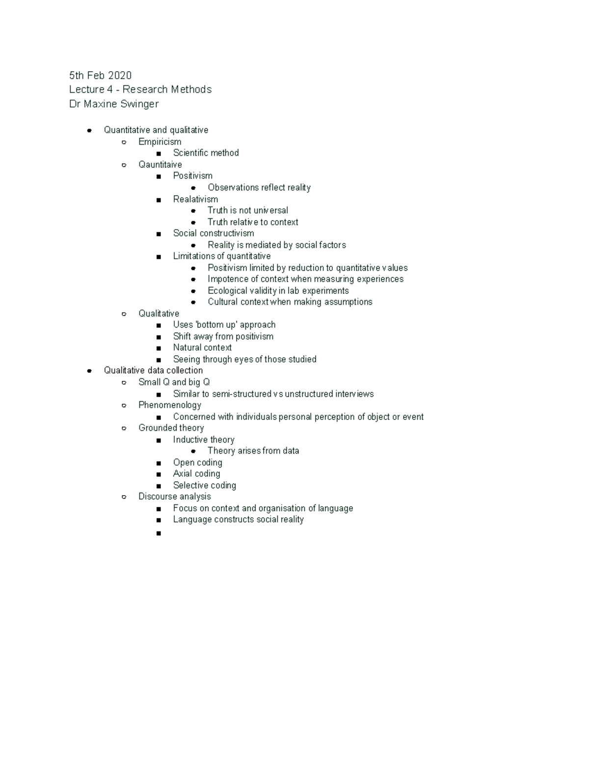 Research Methods Lecture 4 - 5th Feb 2020 - 5th Feb 2020 Lecture 4 ...