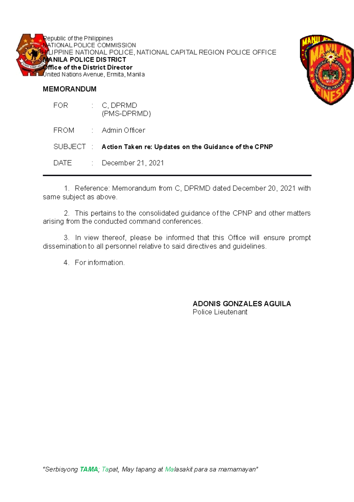 Action Taken re Updates on the Guidance of the CPNP - This pertains to ...