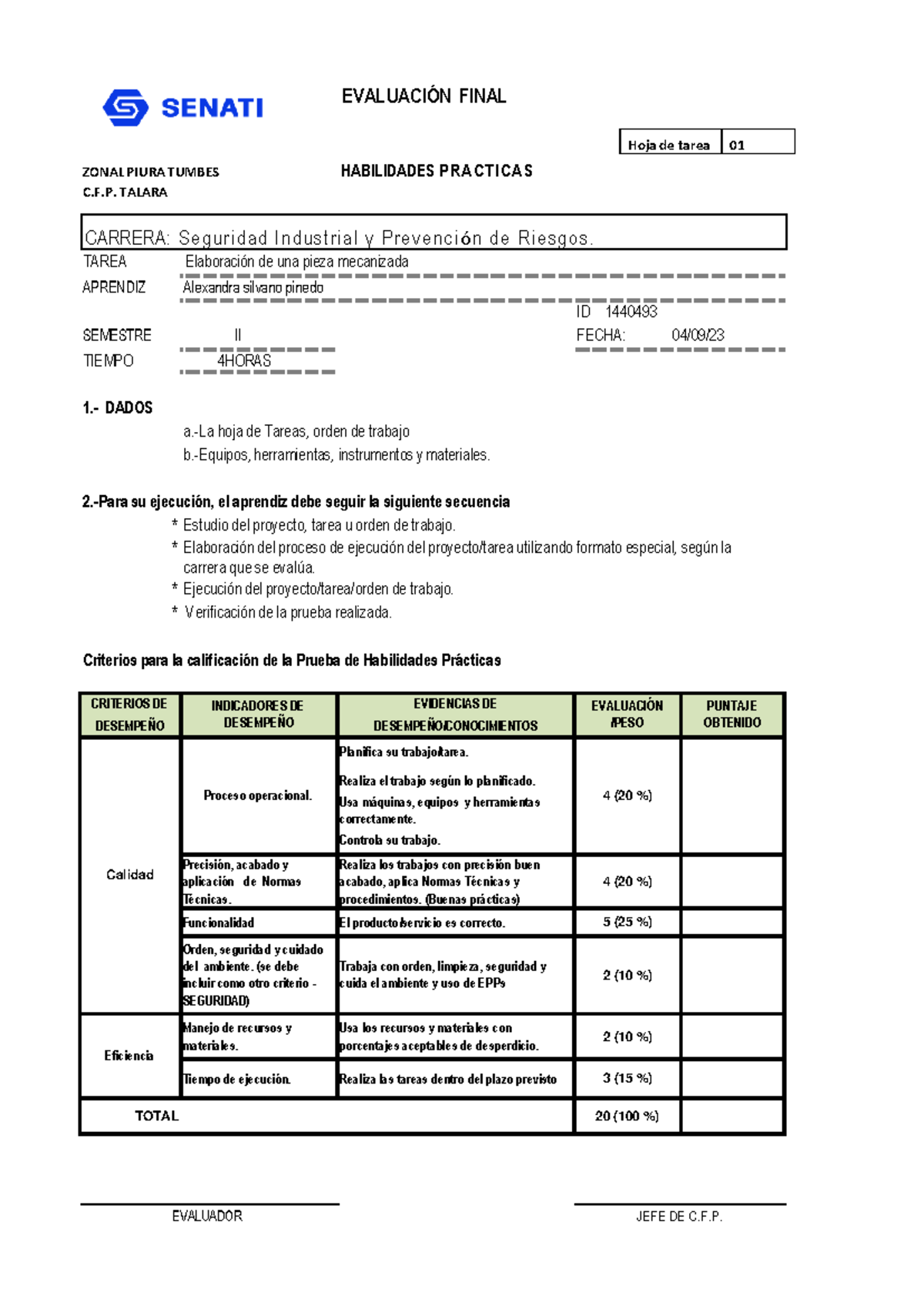 Examen Final- Operaciones Industriales - EVALUACI”N FINAL Hoja de tarea 01 ZONAL PIURA TUMBES ...