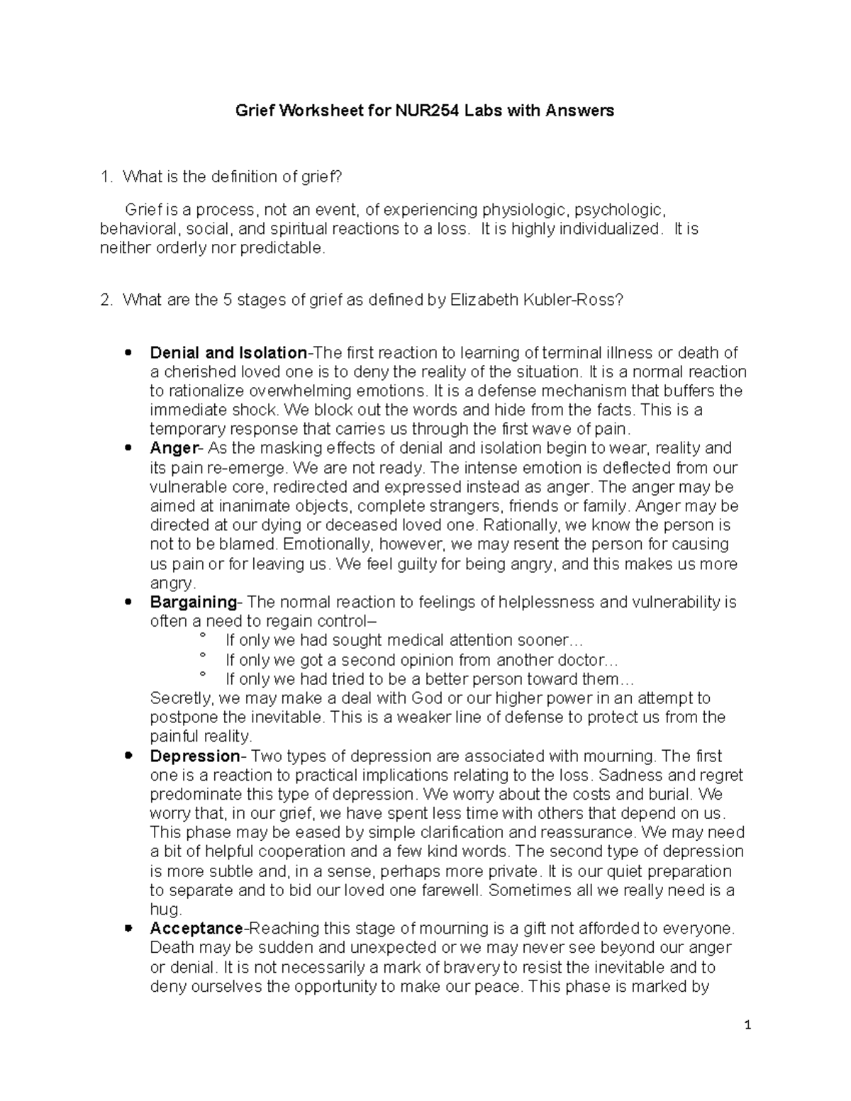 Grief Worksheet for Lab with answers - Grief Worksheet for NUR254 Labs ...