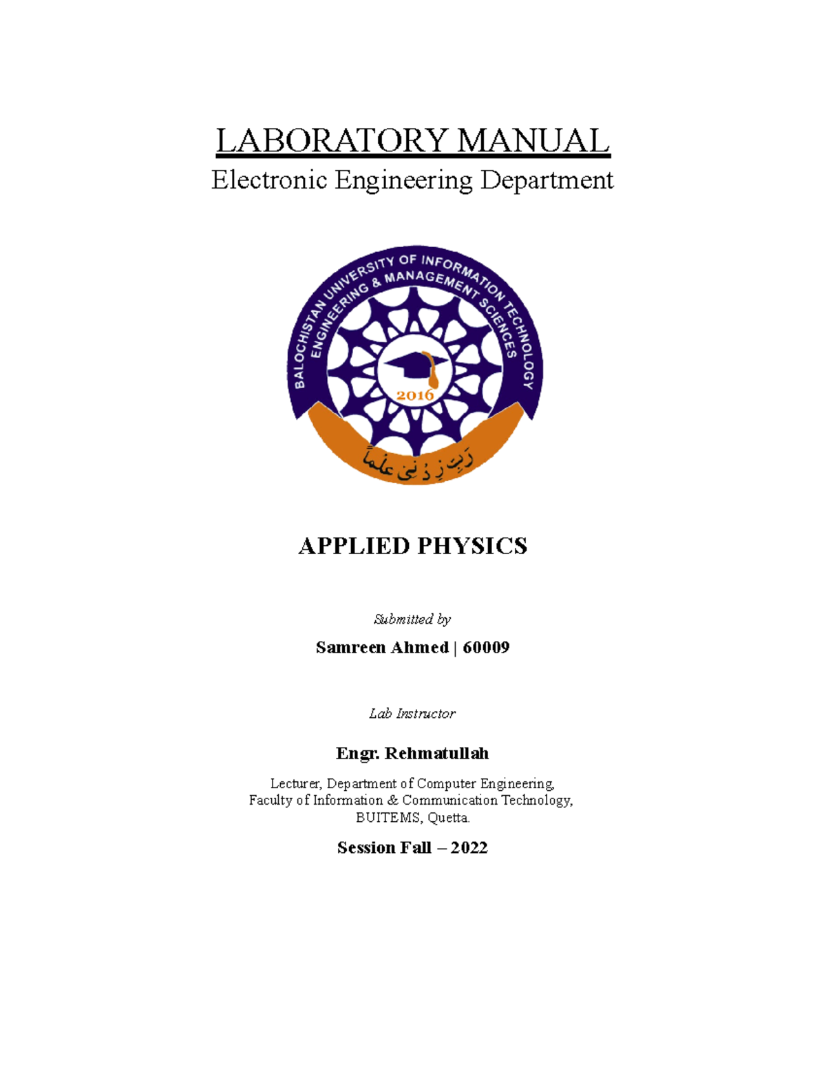 60009 Samreen EE1 AP LAB 7 - LABORATORY MANUAL Electronic Engineering ...