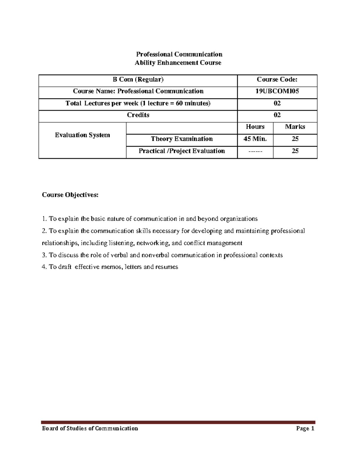 Syllabus - Professional Communication Ability Enhancement Course B Com ...