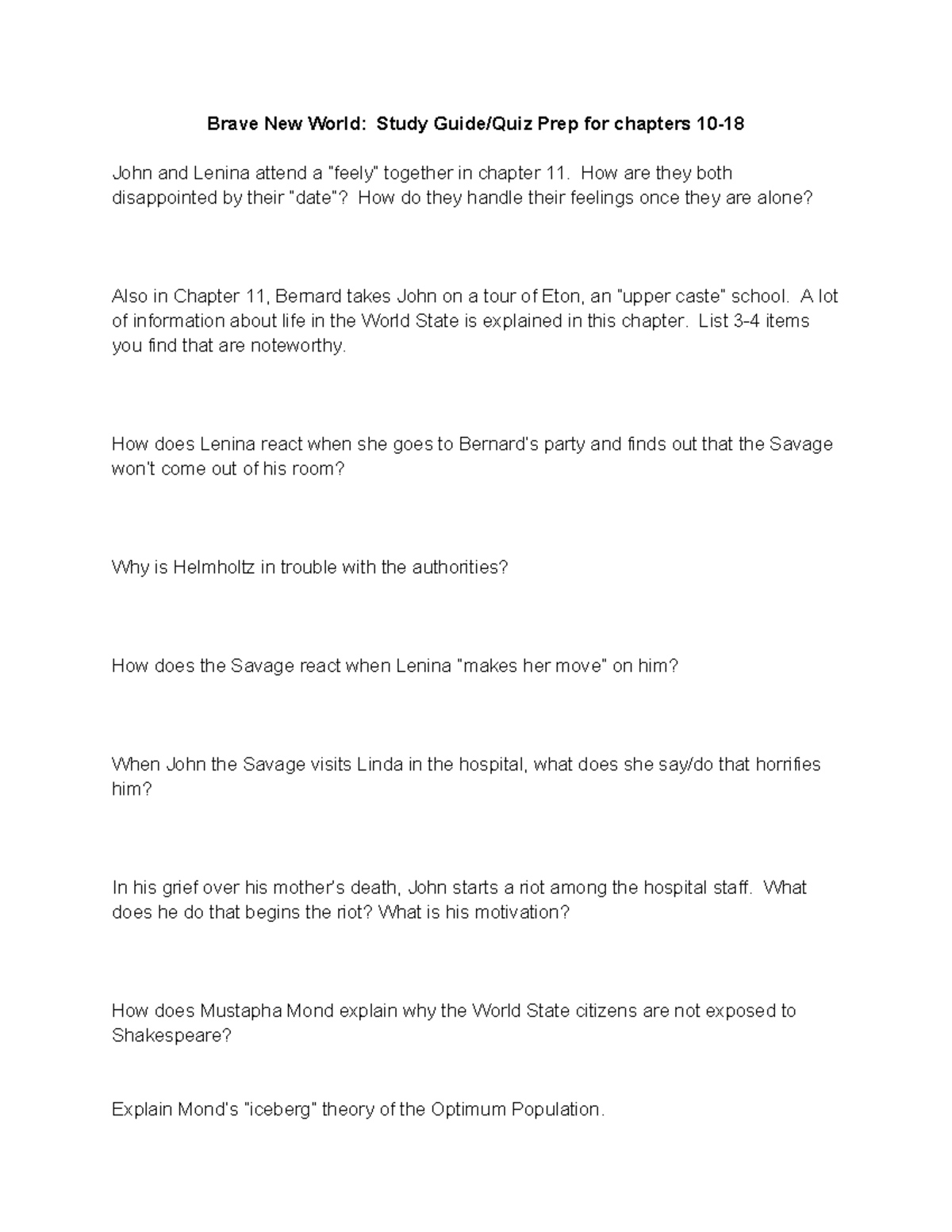Brave New World Study Guide Quiz Prep for chapters 10-18 - Brave New ...