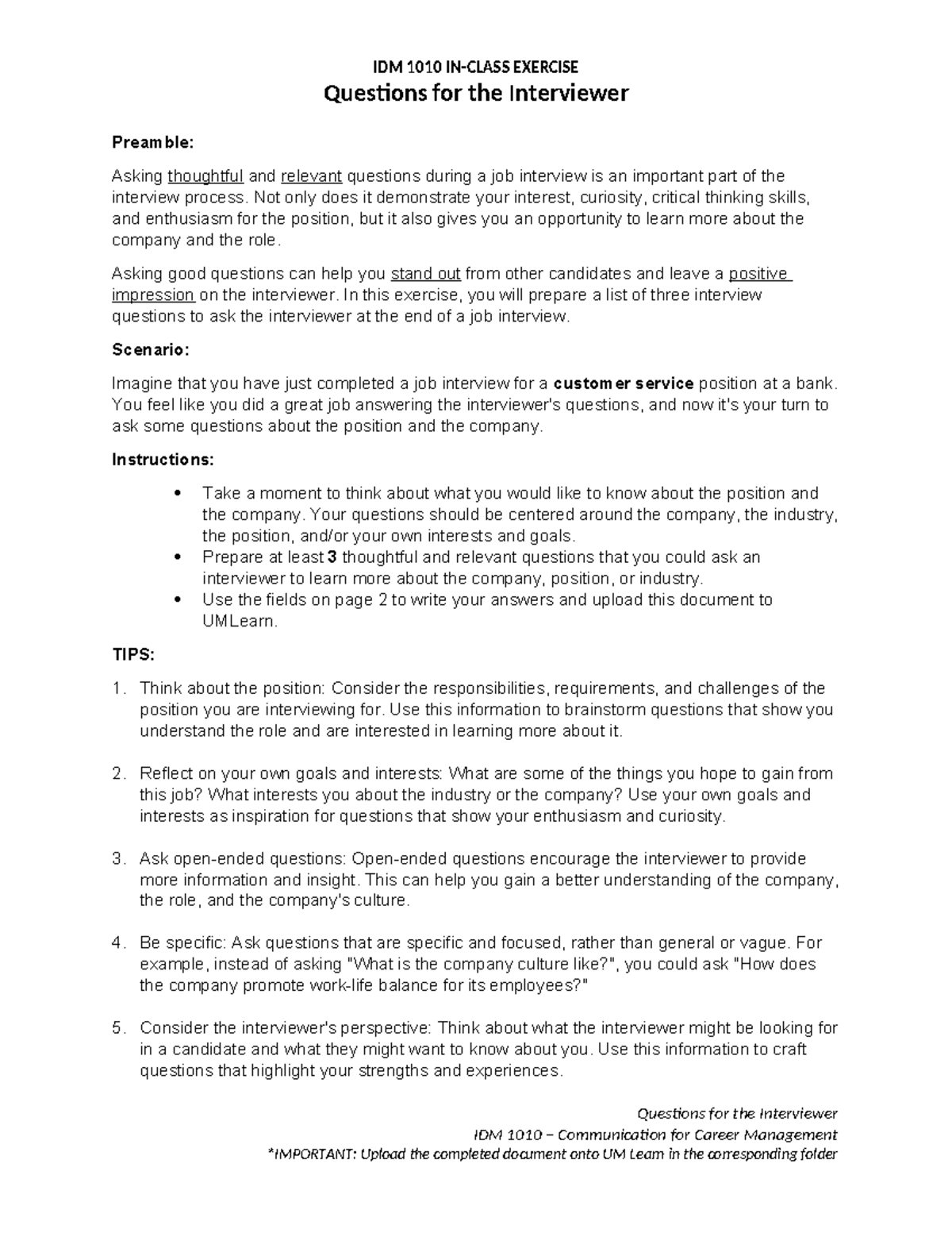 In-Class Exercise Questions for the Interviewer - IDM 1010 IN-CLASS ...