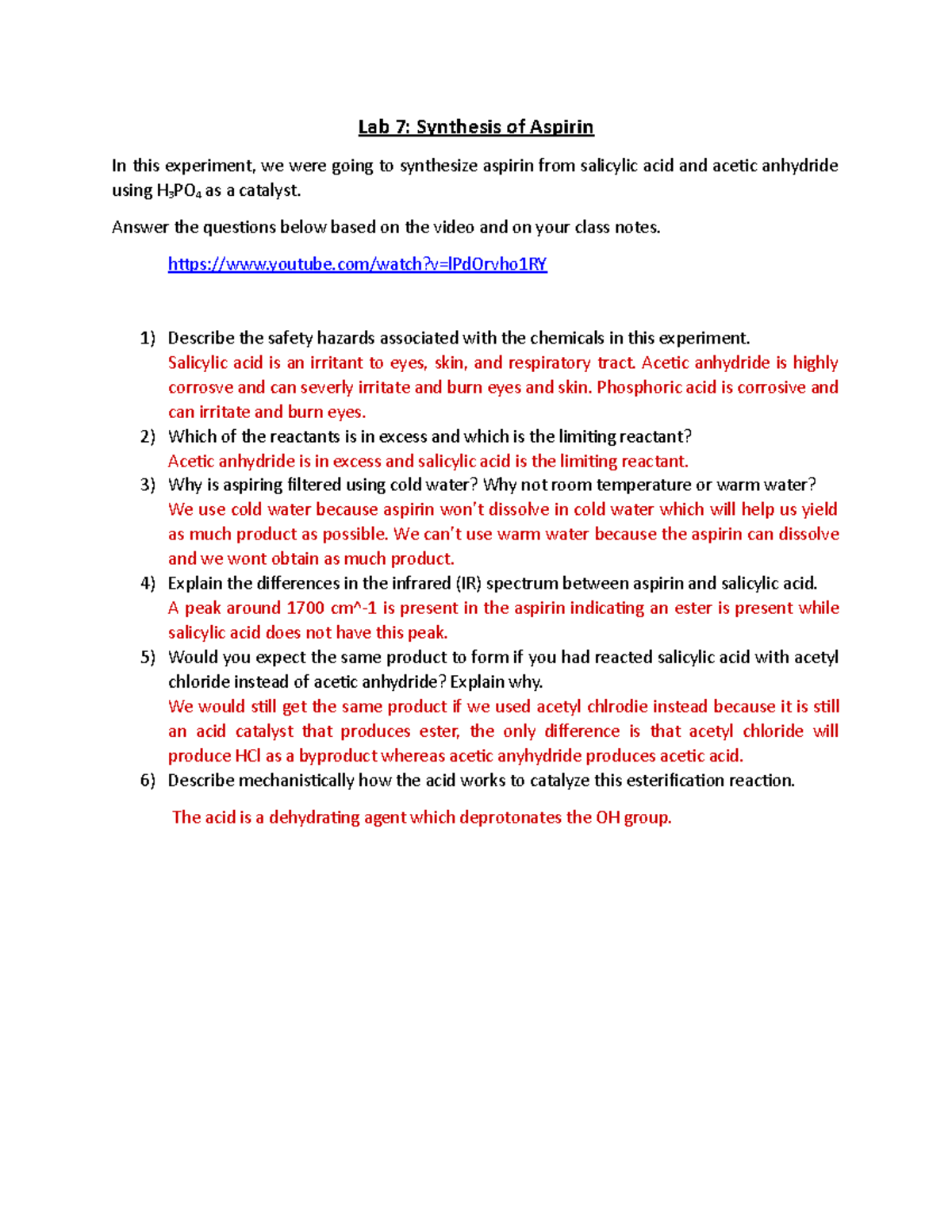 Lab 7 Synthesis of Aspirin - Lab 7: Synthesis of Aspirin In this ...
