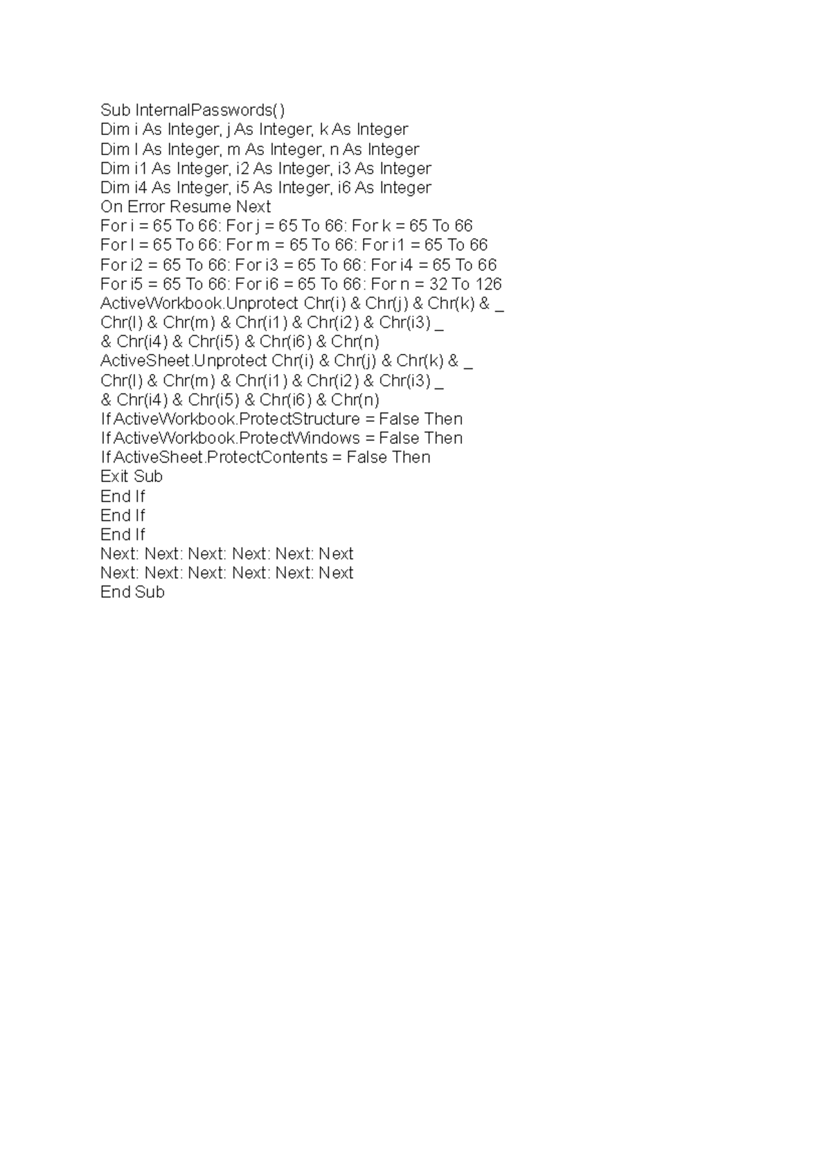 Sub Internal Passwords - Sub InternalPasswords() Dim i As Integer, j As Integer, k As Integer ...