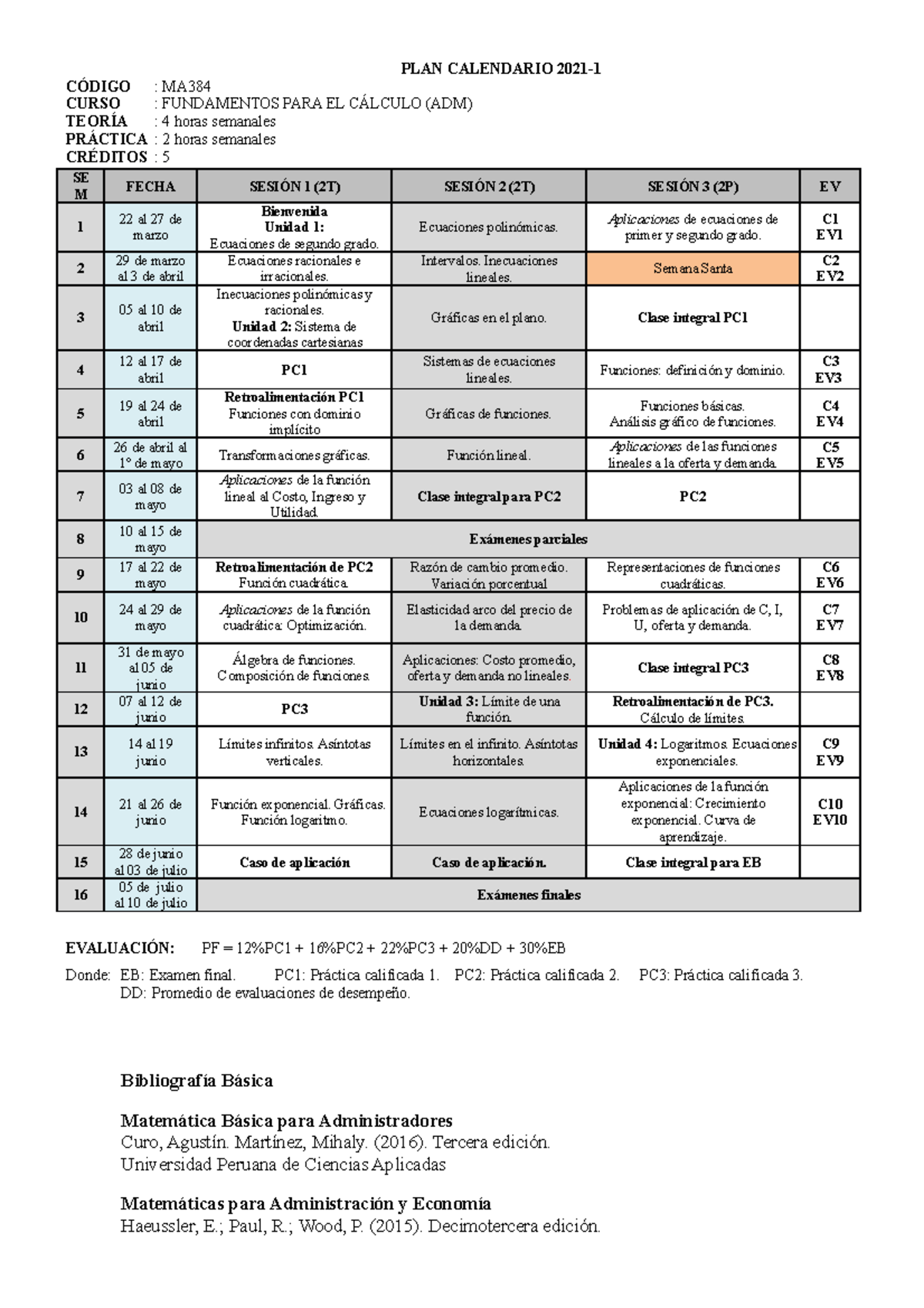MA384 - Plan Calendario - 2021-1 - PLAN CALENDARIO 2021- CÓDIGO : MA ...