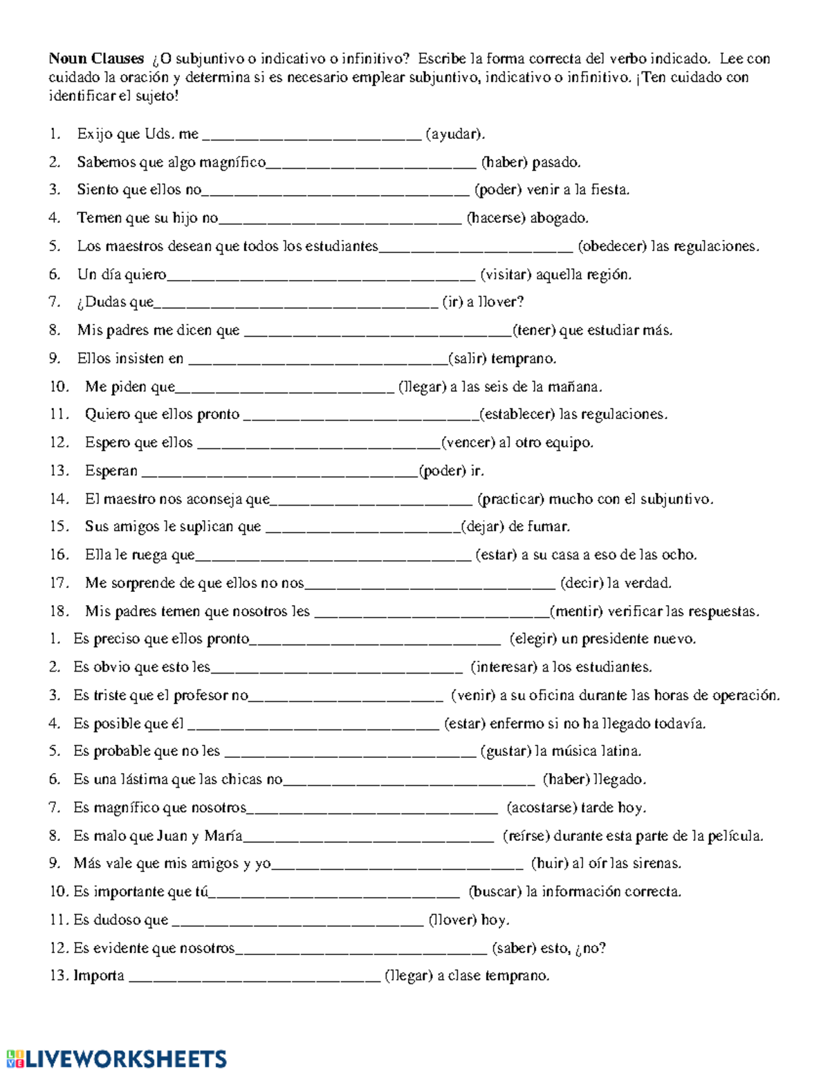 Práctica I, indicativo subj - Noun Clauses ¿O subjuntivo o indicativo o ...