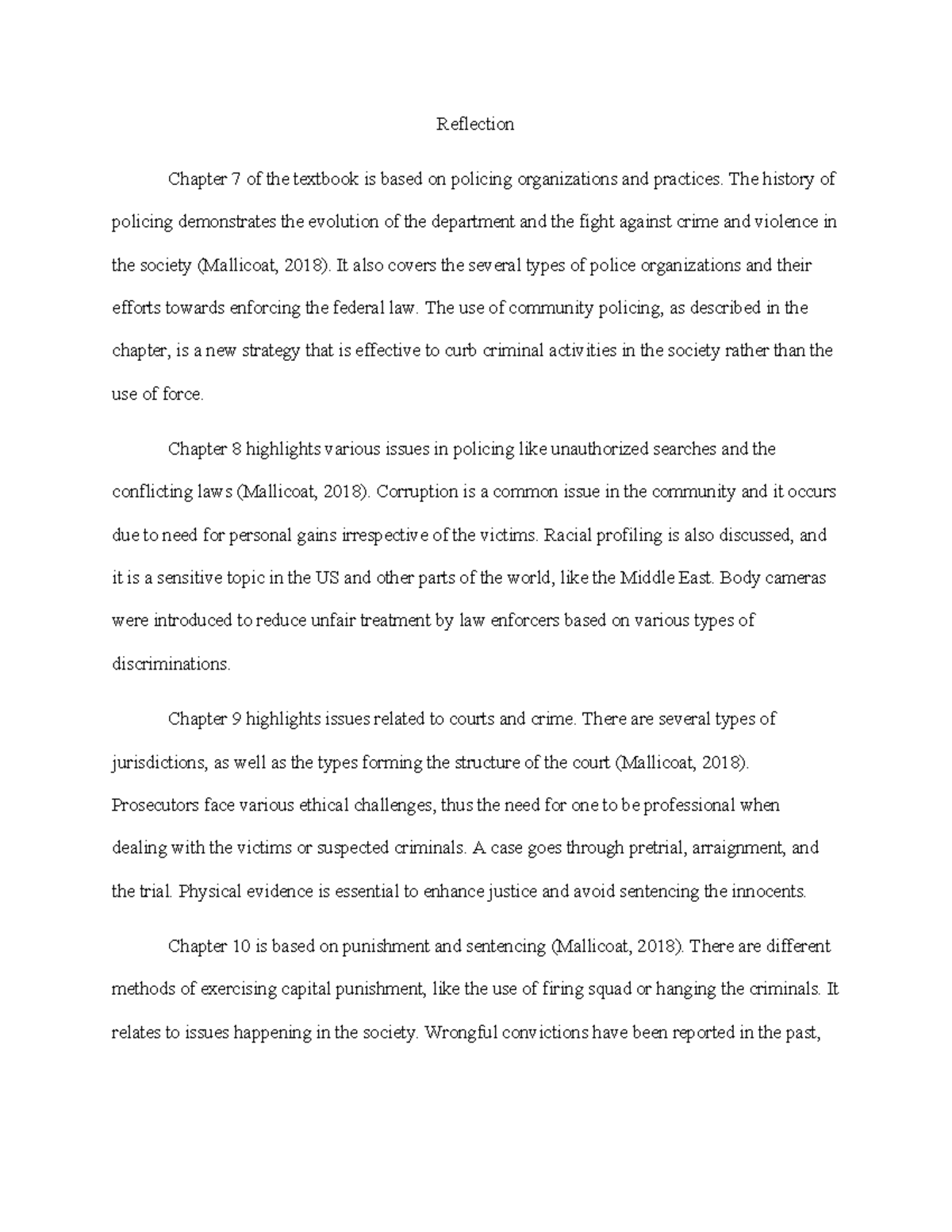 Reflection - Reflection Chapter 7 of the textbook is based on policing ...