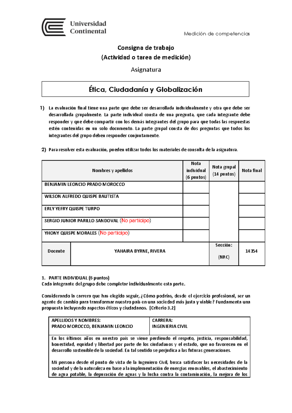 Examen Final de Etica Ciudadania y Globalizacion - Medición de competencias Consigna de trabajo ...
