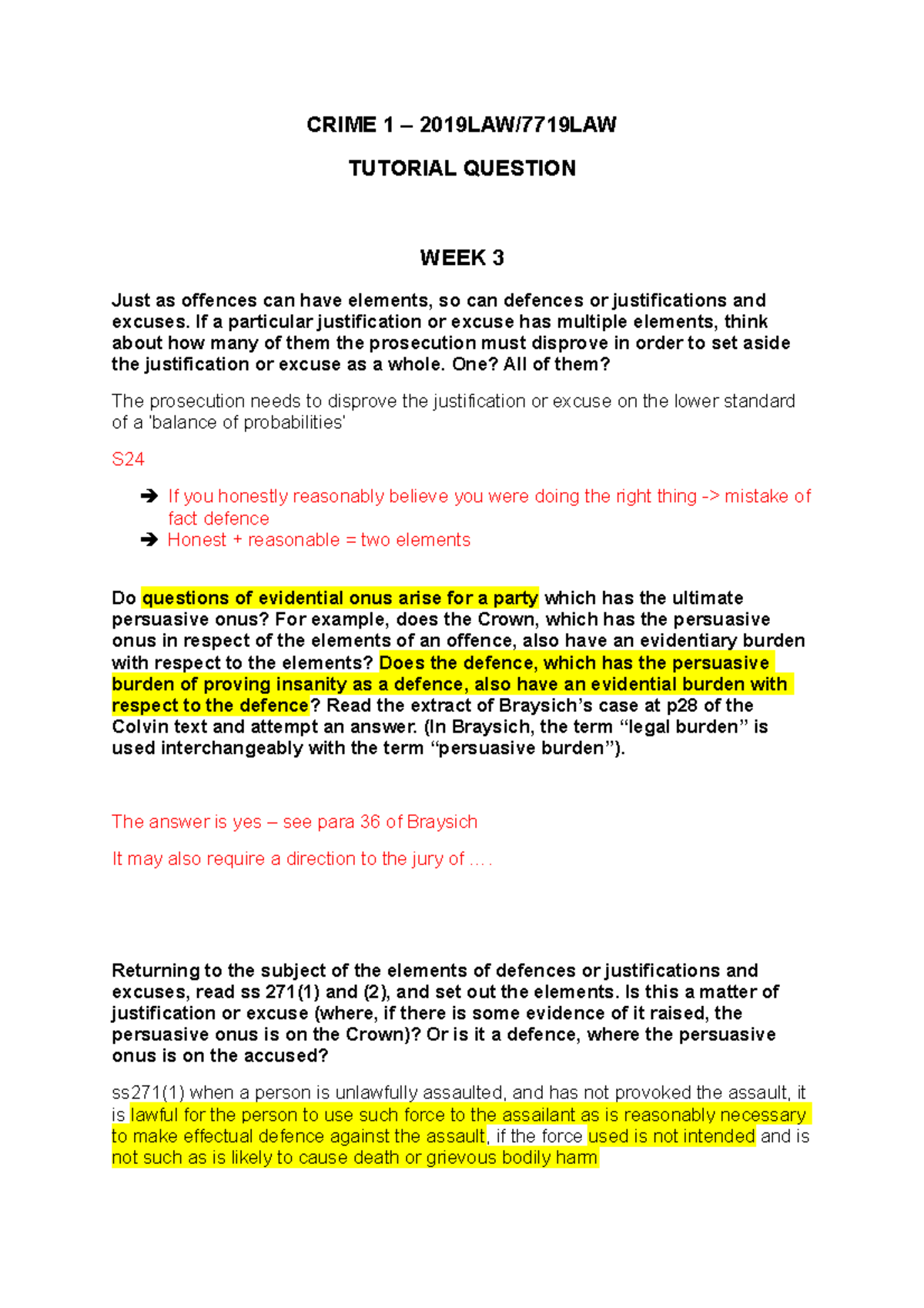 Crime 1 Week 3 Study - CRIME 1 – 2019LAW/7719LAW TUTORIAL QUESTION WEEK ...