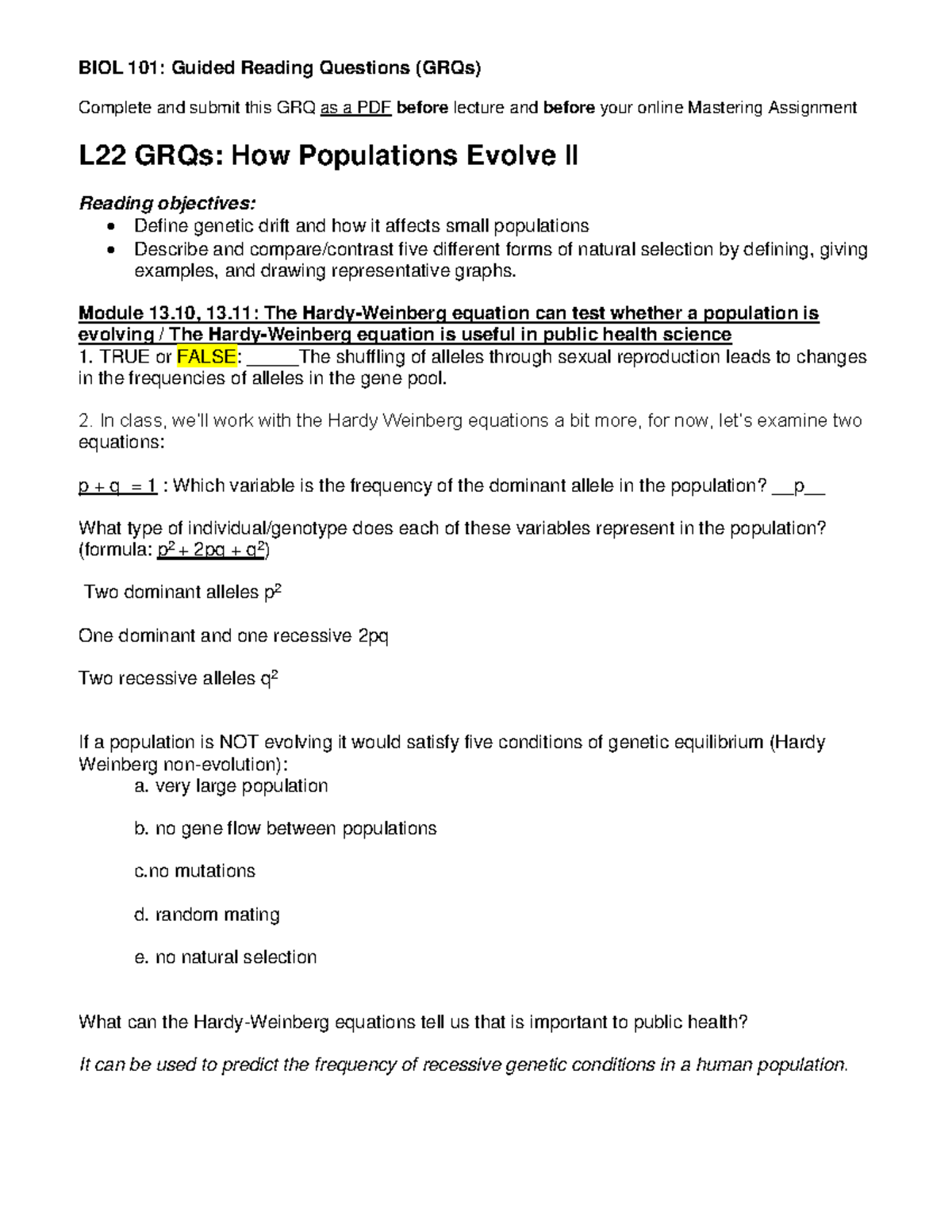 Lesson 22 GRQs How Populations Evolve Part 2 - BIOL 101: Guided Reading ...