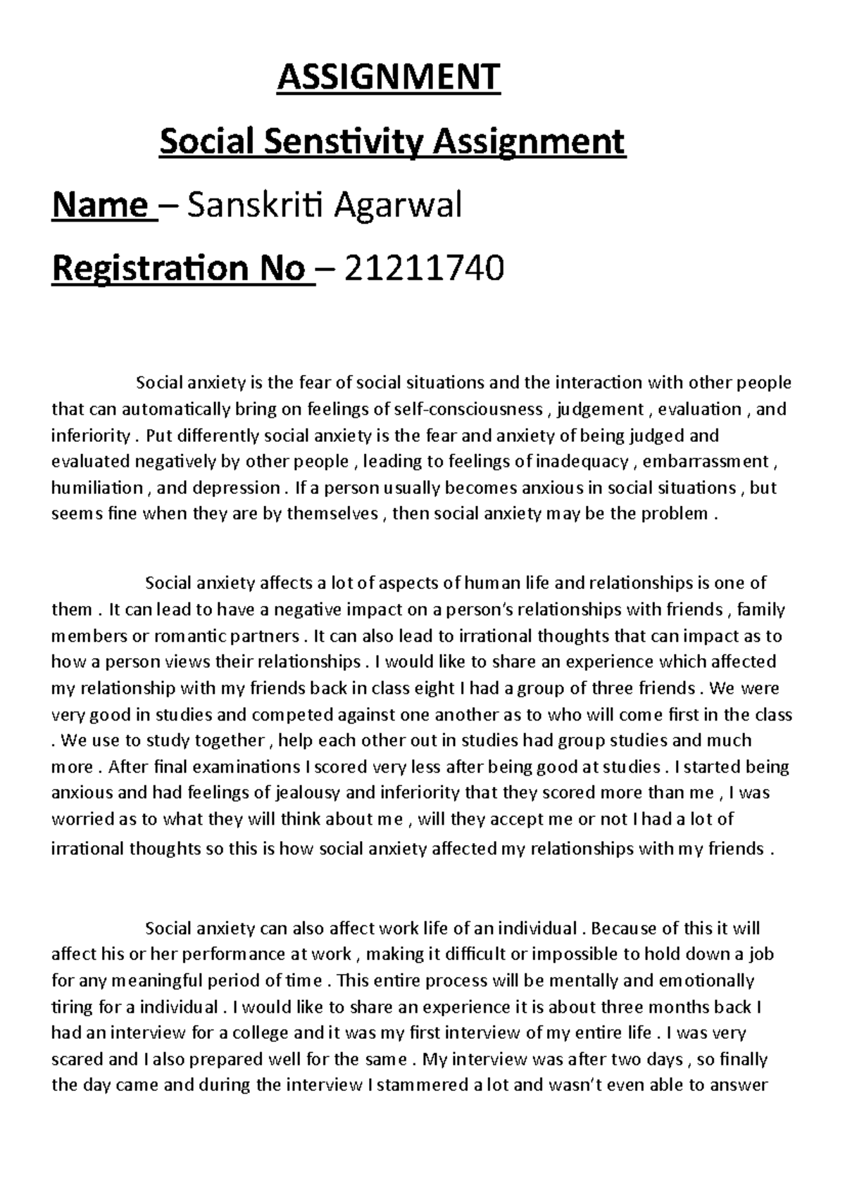 Social anxiety - assigment - ASSIGNMENT Social Senstivity Assignment ...
