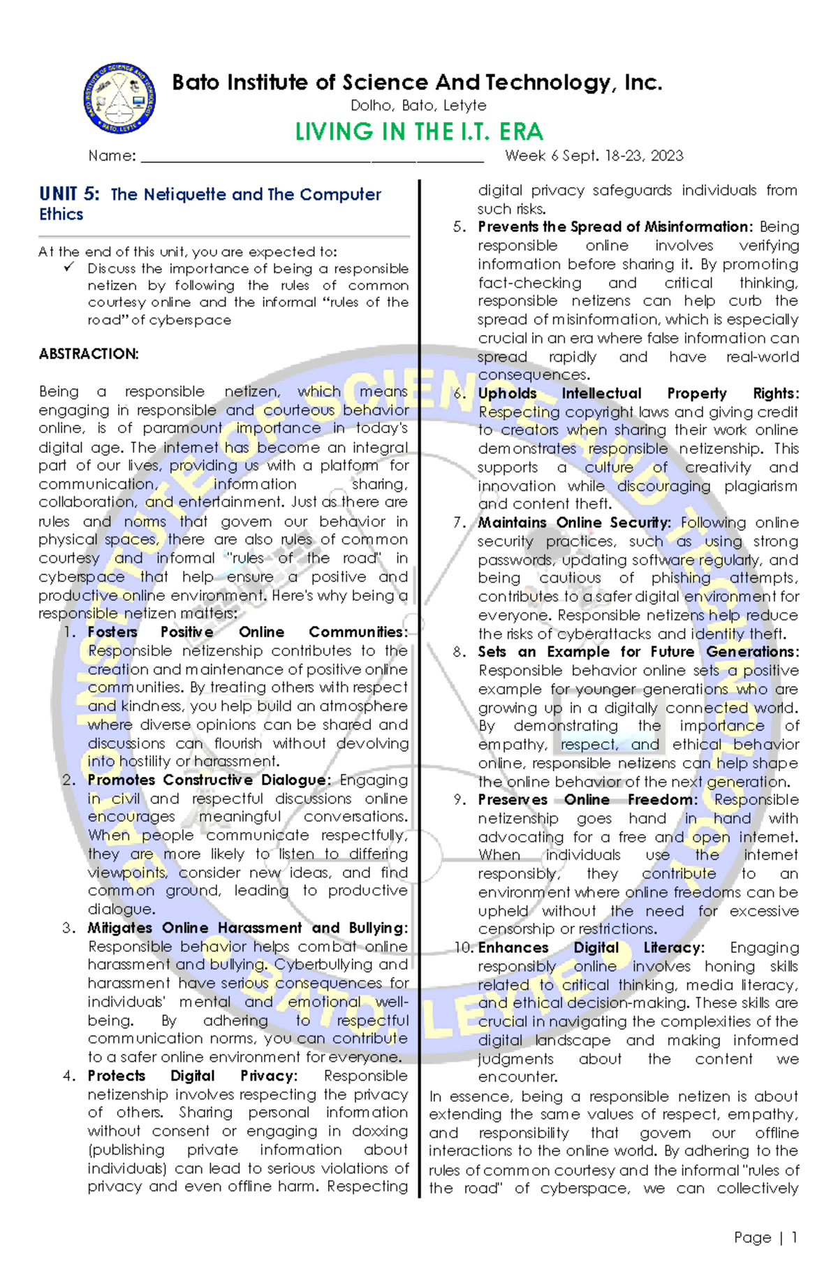 UNIT 5-The Netiquette and The Computer Ethics - Bato Institute of ...
