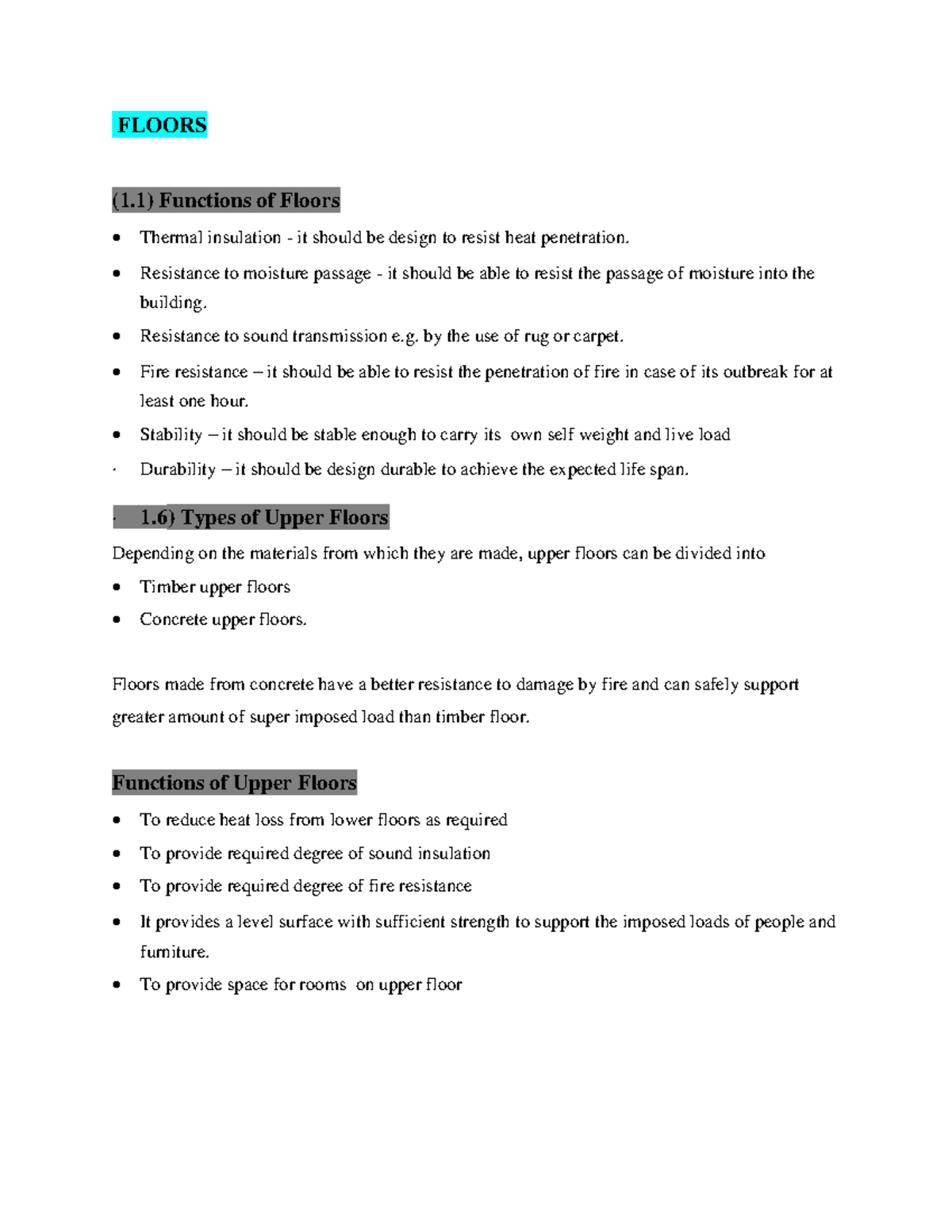GBC II-1 - Notes - FLOORS (1) Functions of Floors Thermal insulation ...