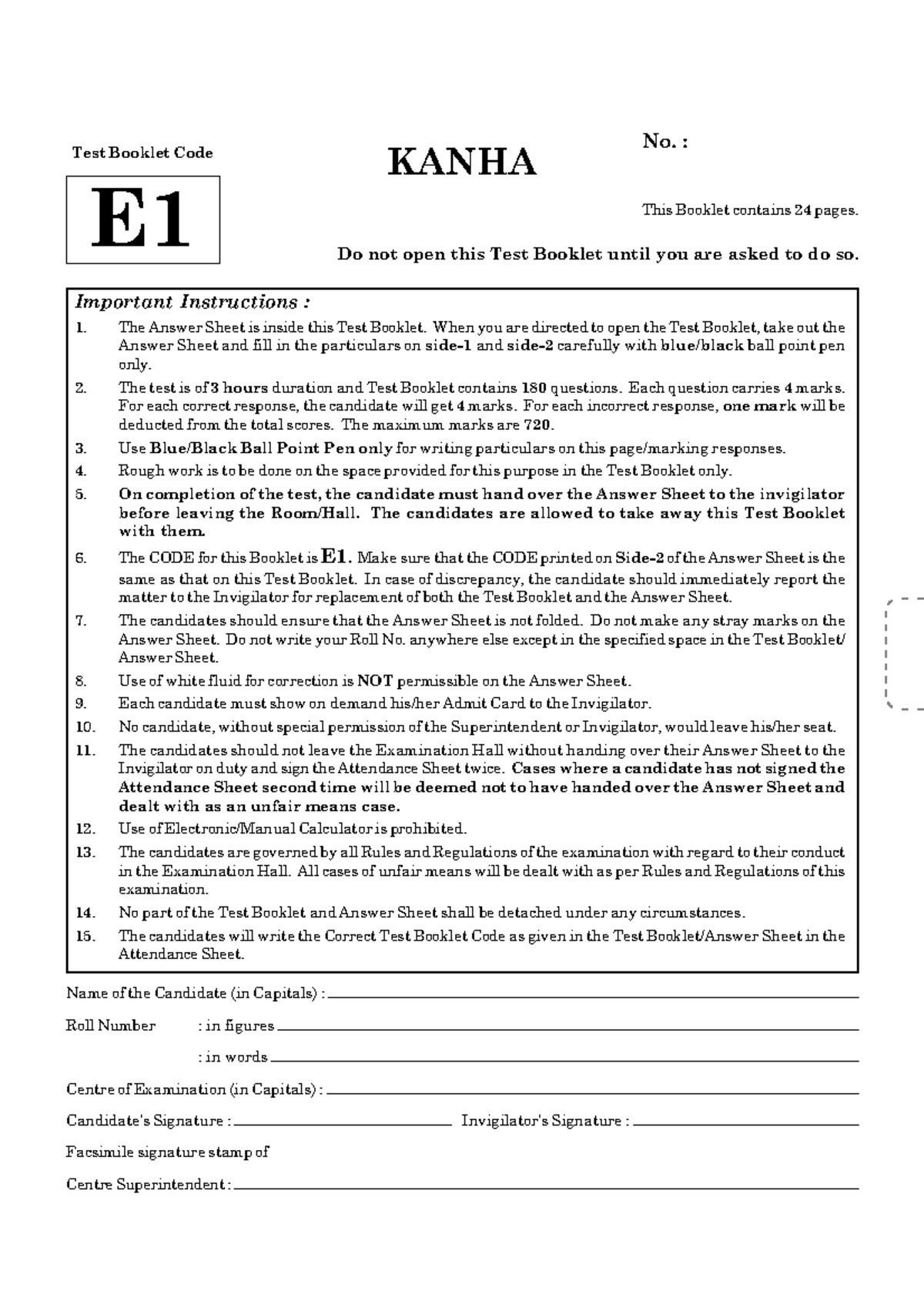 Kanha English SET E1 - paper practice for neet - This Booklet contains ...