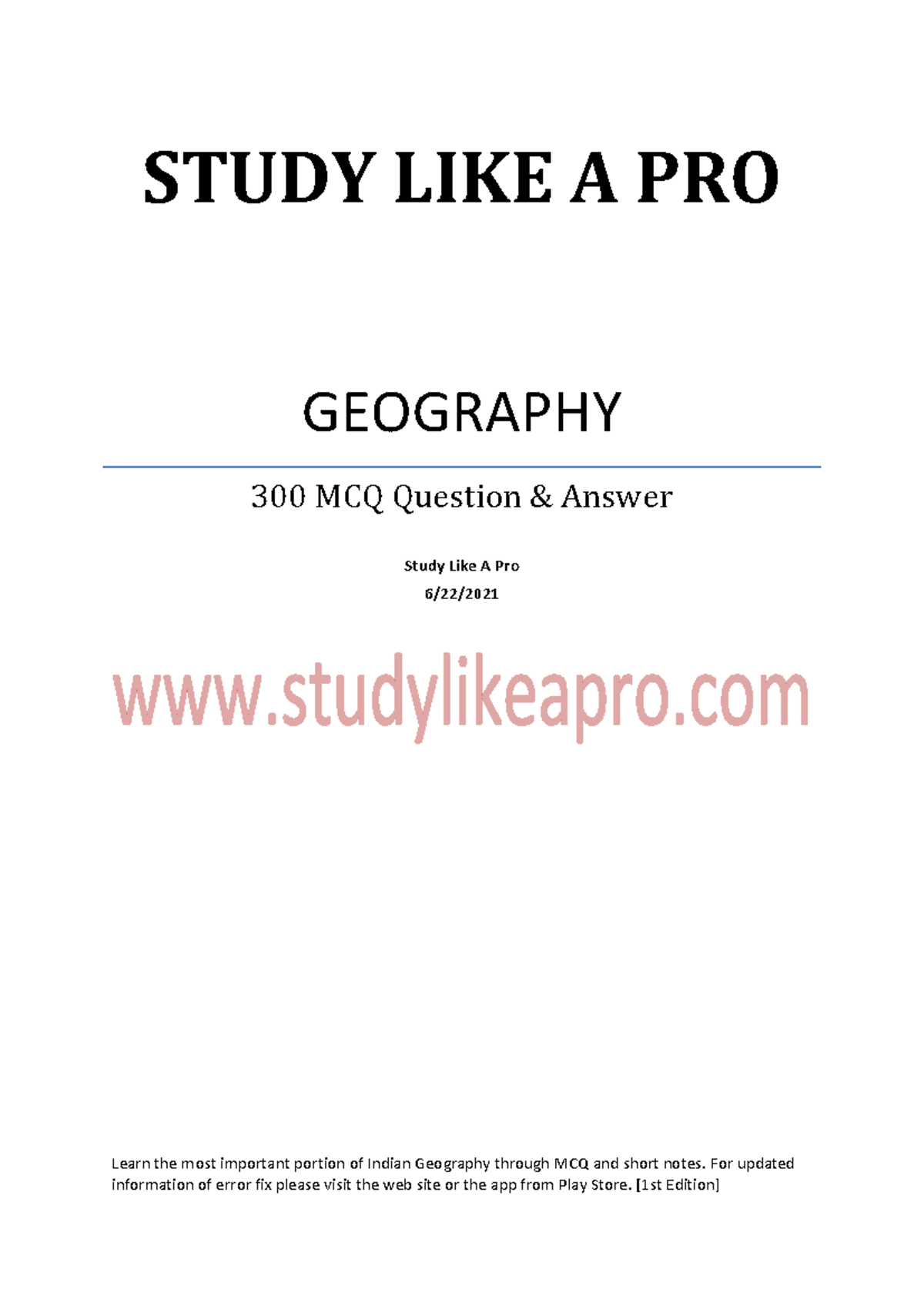 Geography MCQ PDF by Study Like A Pro - STUDY LIKE A PRO GEOGRAPHY 300 ...