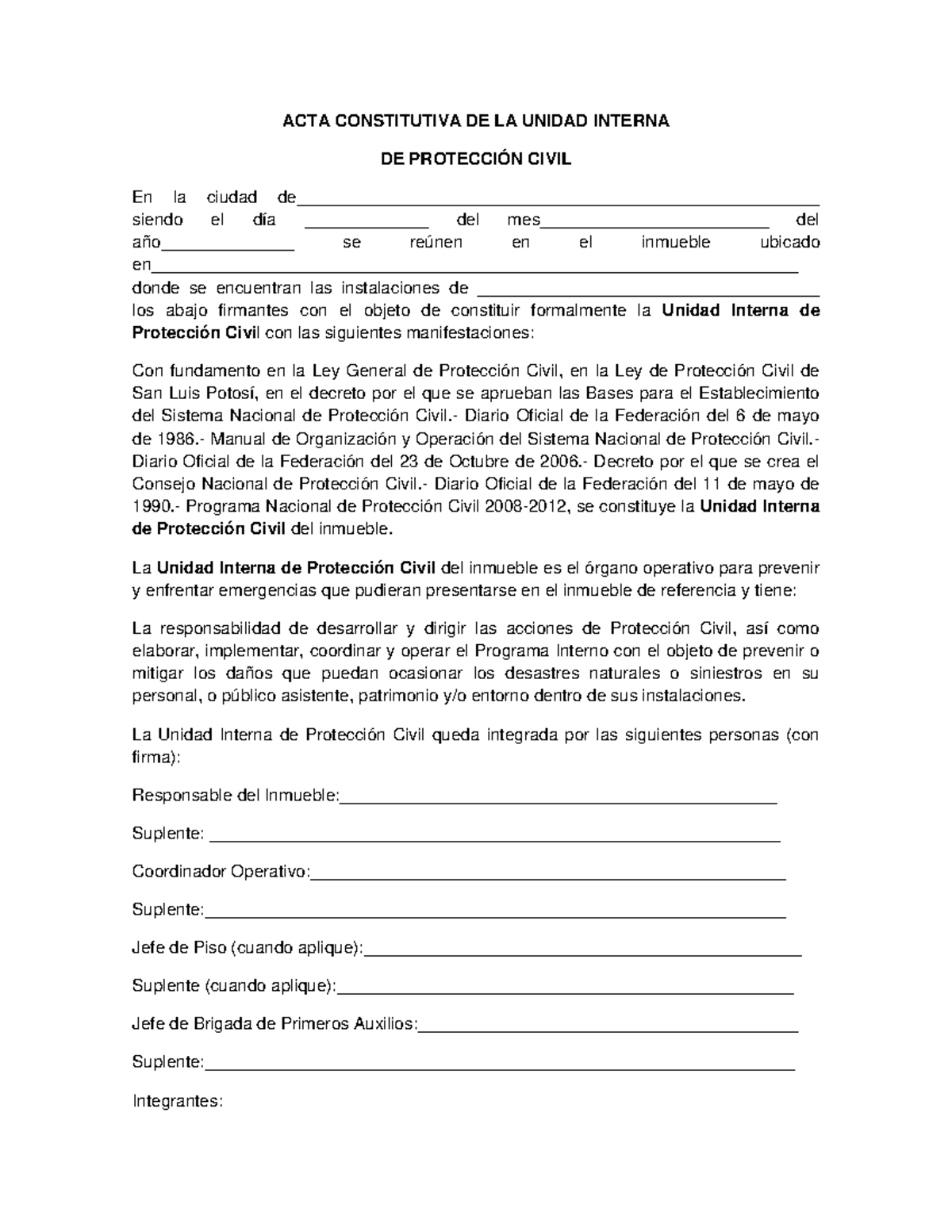 Acta Constitutiva de la Unidad Interna - ACTA CONSTITUTIVA DE LA UNIDAD INTERNA DE PROTECCIÓN ...