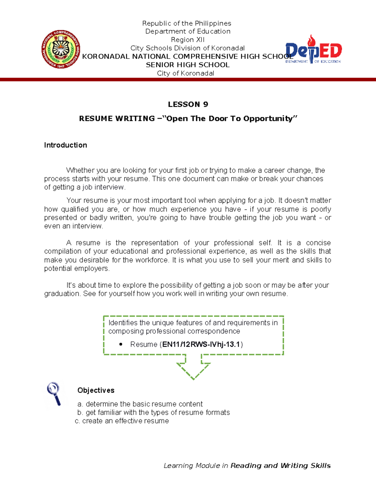 Lesson 12 Reading and Writing Skills - Department of Education Region ...