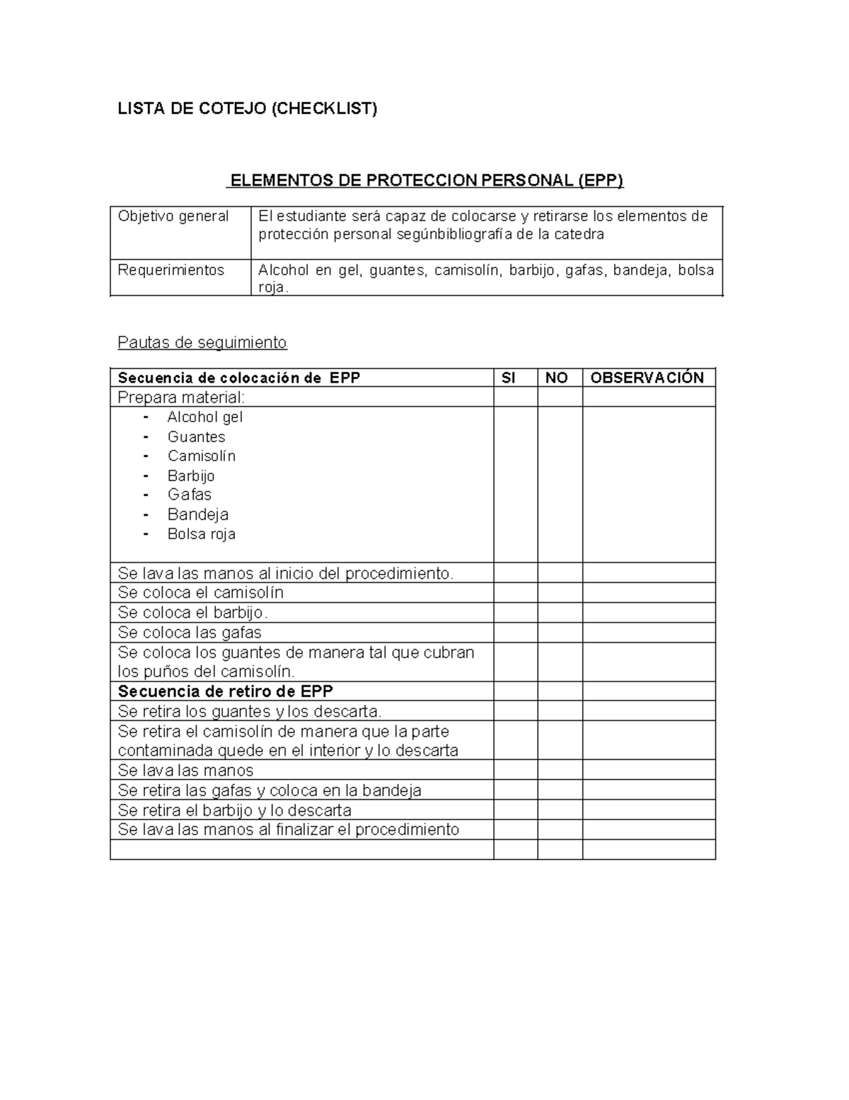 Secuencia USO EPP - LISTA DE COTEJO (CHECKLIST) ELEMENTOS DE PROTECCION PERSONAL (EPP) Objetivo ...