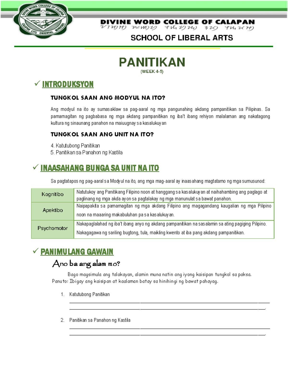 Panitikan Module (WEEK 4-5) - SCHOOL OF LIBERAL ARTS PANITIKAN (WEEK 4 ...