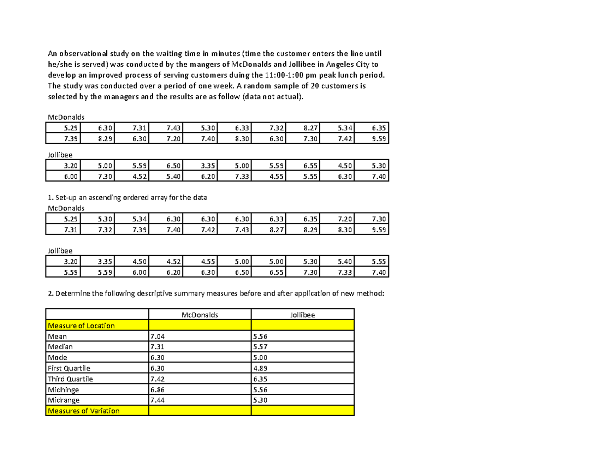 Descriptive Statistics Exercise.xlsx - Sheet 2 - An observational study ...