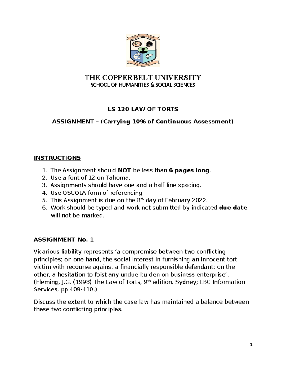 Assignments (1) Law of Torts - January 2022 - THE COPPERBELT UNIVERSITY ...